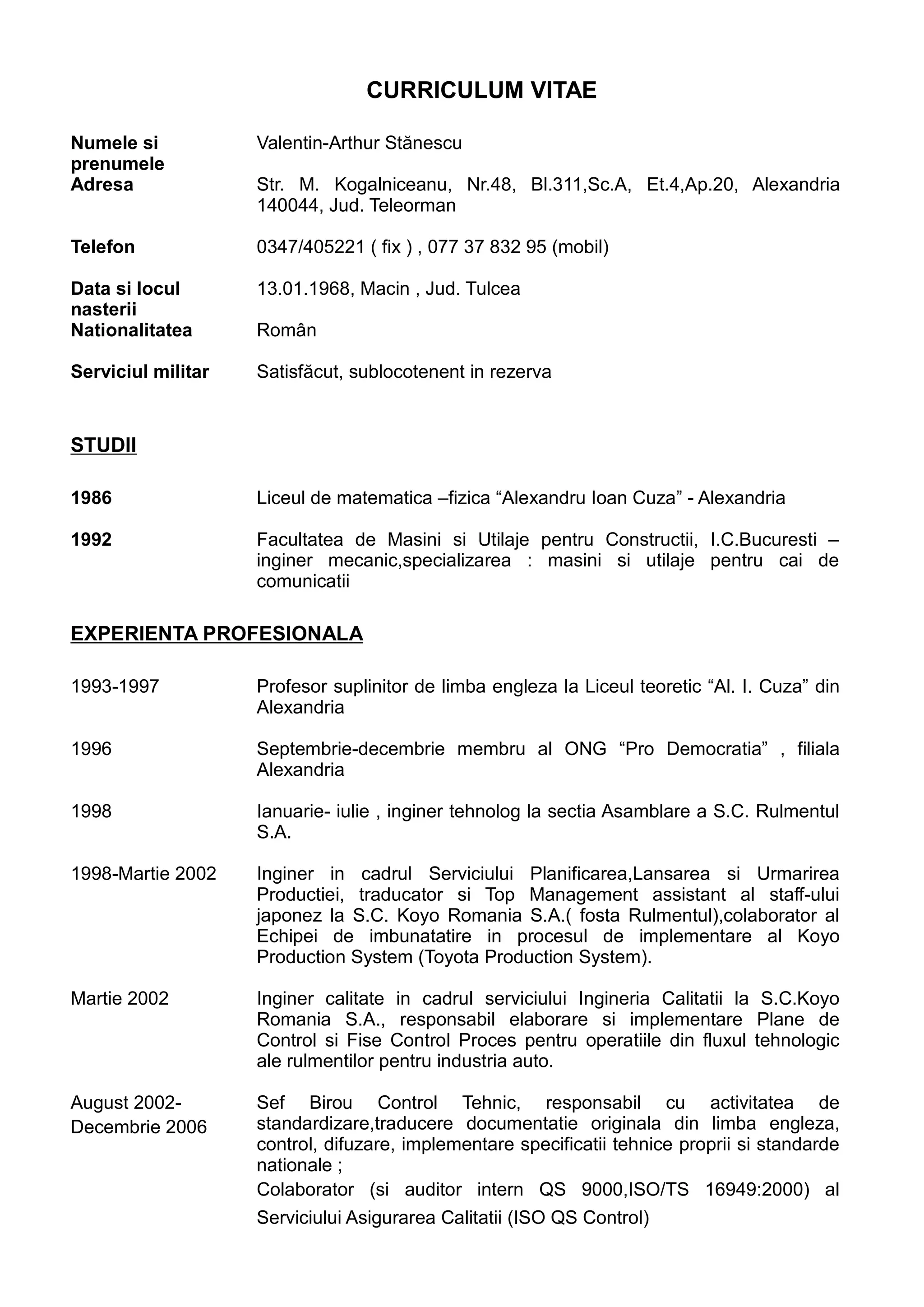 Valentin Stanescu-Inginer mecanic -CV 2016 | PDF