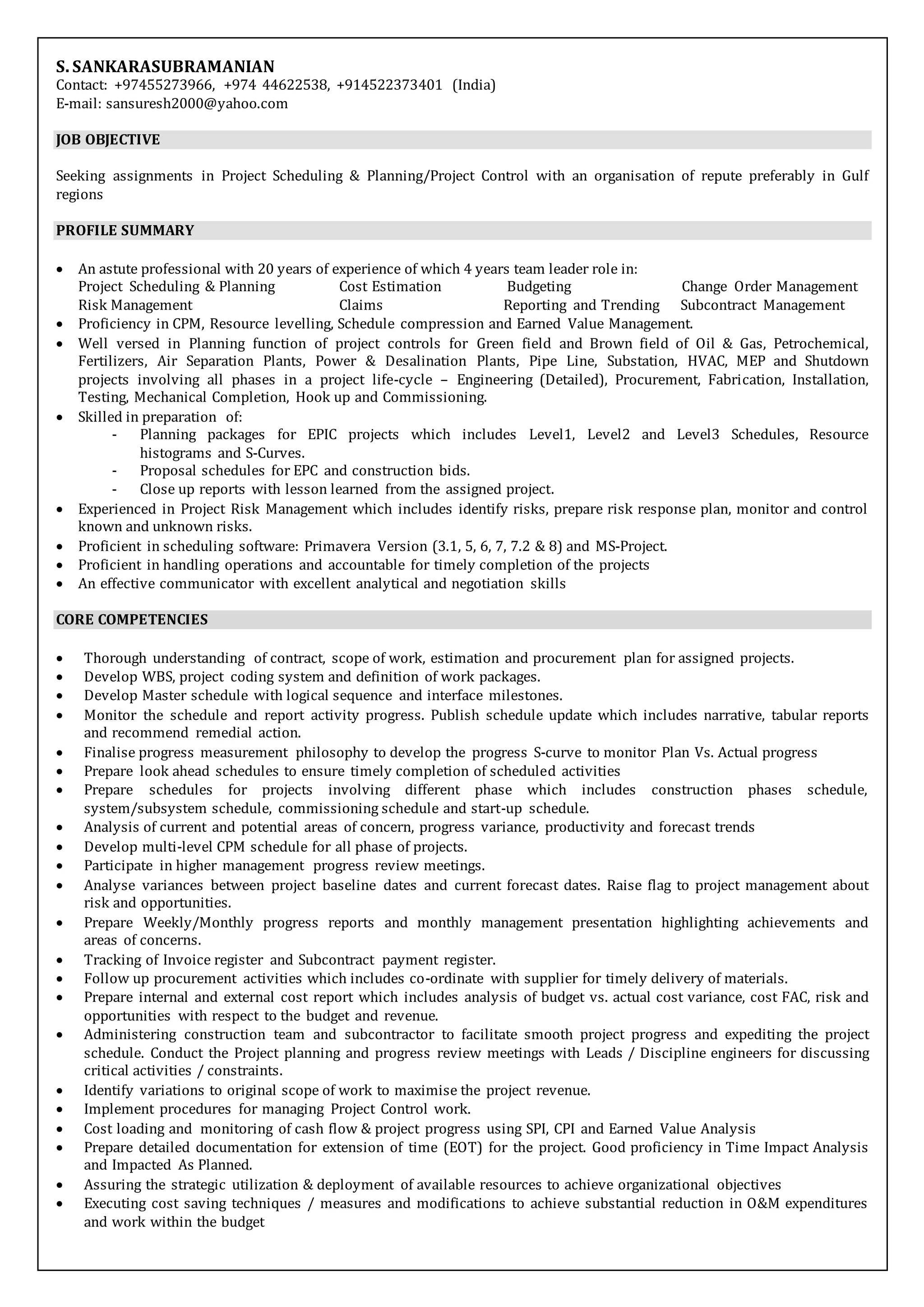 Cv s.sankarasubramanian - senior planning engineer | DOCX