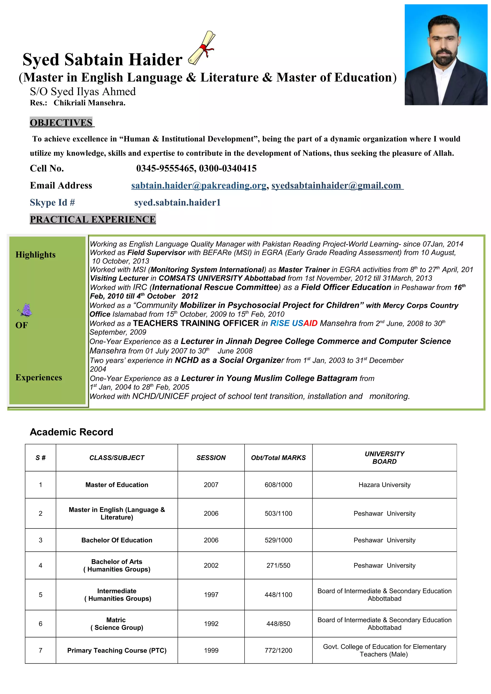 Cv -sabtain haider new. fresh | DOC
