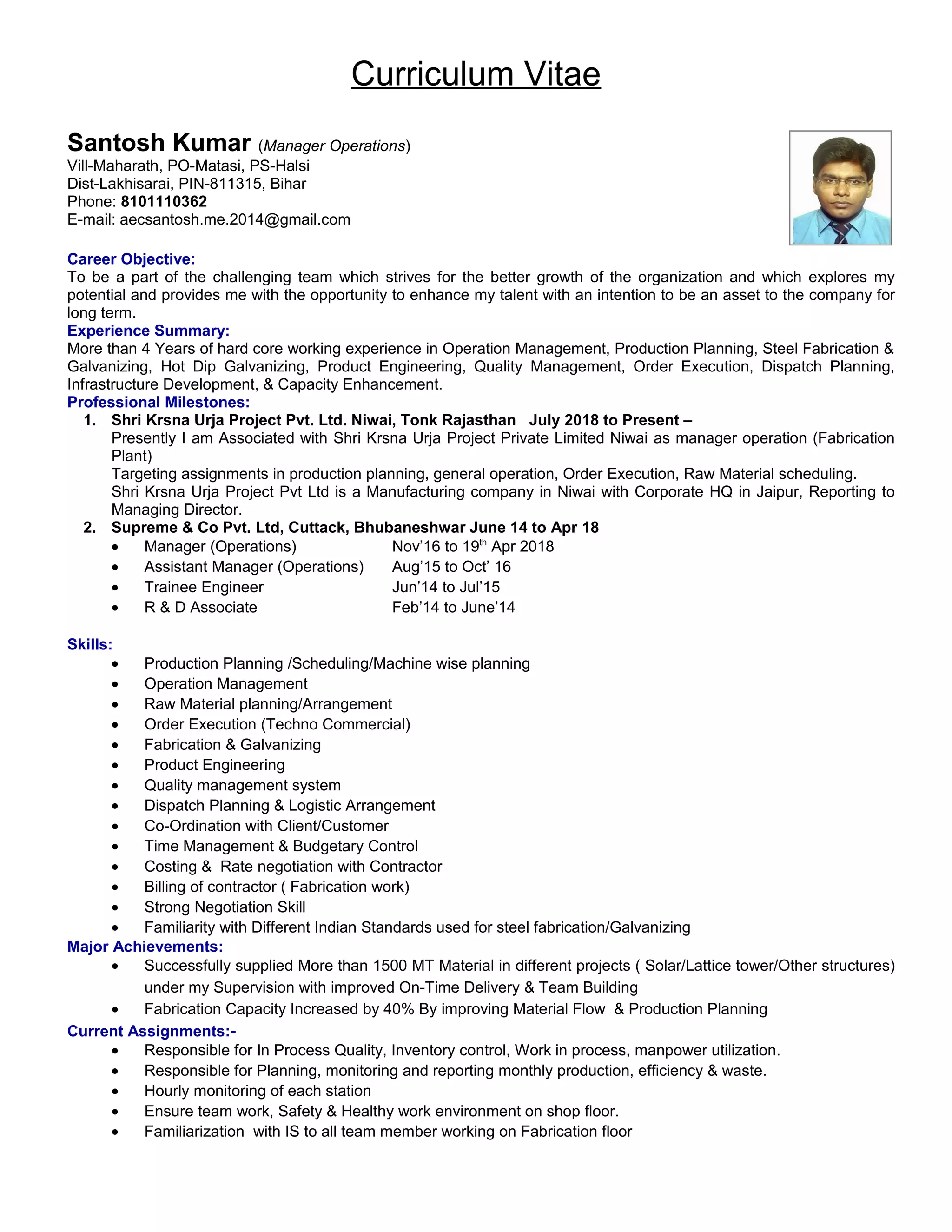 Cv santosh kumar ( Manager Operation) | DOC