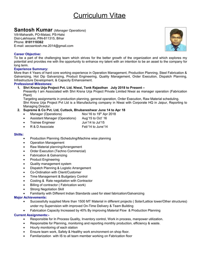 Cv santosh kumar ( Manager Operation) | PDF