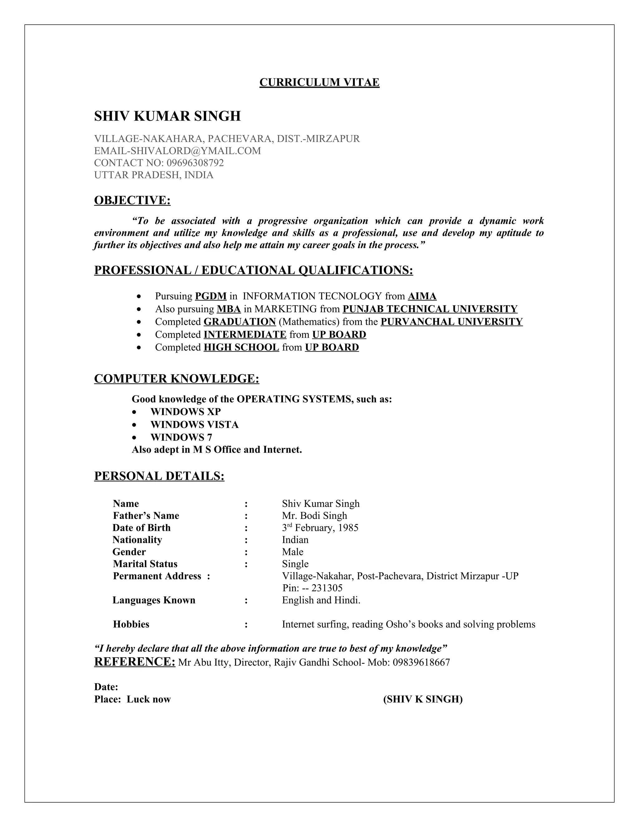 Cv Shiv K Singh | DOC | Technology & Computing