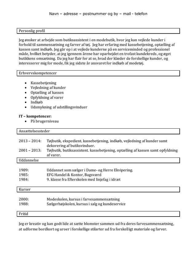 Cv skabelon med eksempler | DOCX