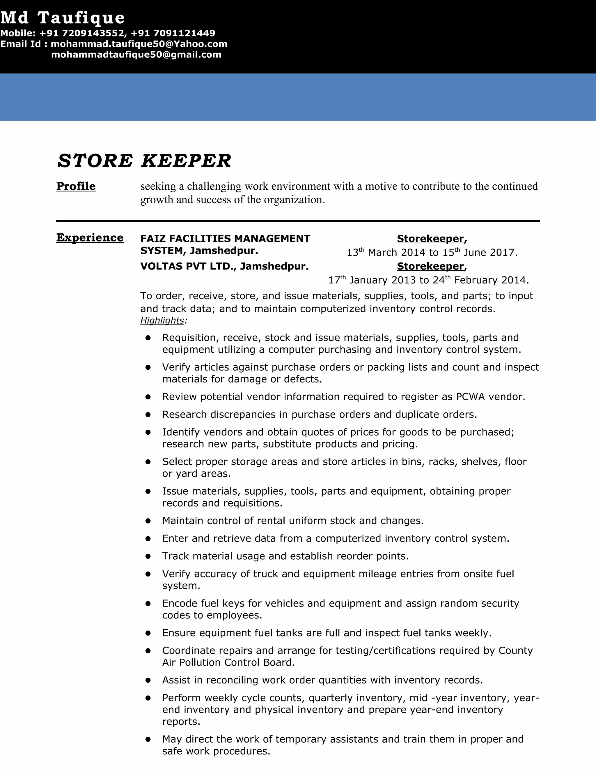 Cv store-keeper | DOC