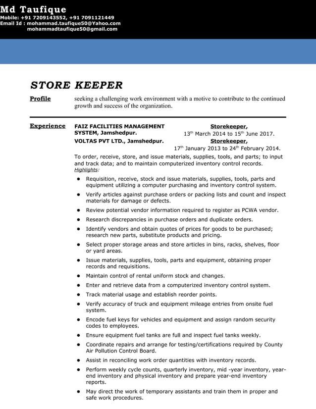 Cv store-keeper | DOC