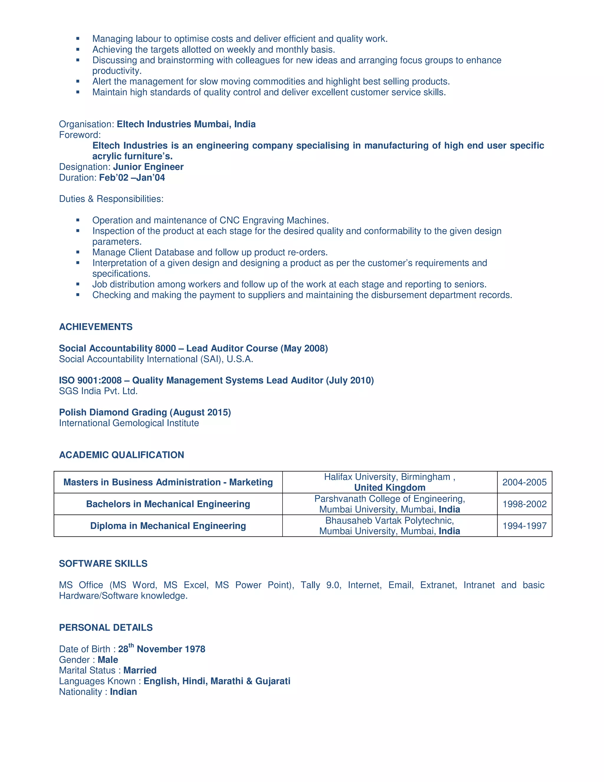 CV - Tejas A. Desai (B.E. Mechanical + MBA + 14 yrs exp.) | PDF