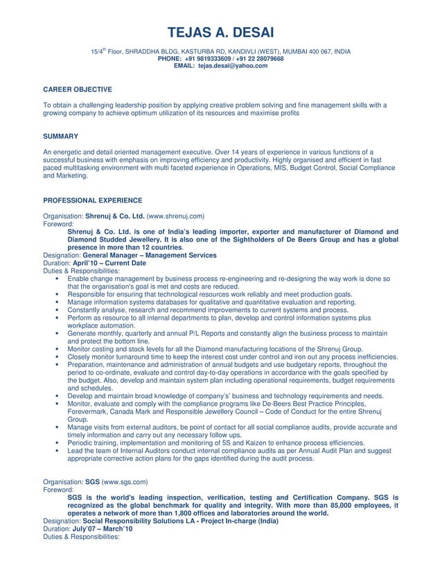 CV - Tejas A. Desai (B.E. Mechanical + MBA + 14 yrs exp.) | PDF