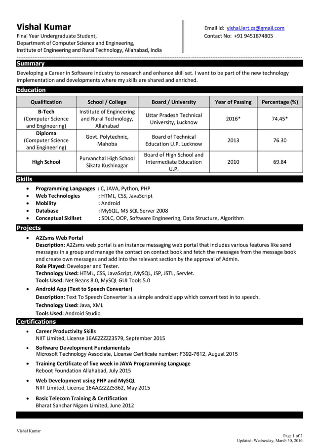 CV@VishalKumar | PDF | Programming Languages | Computing