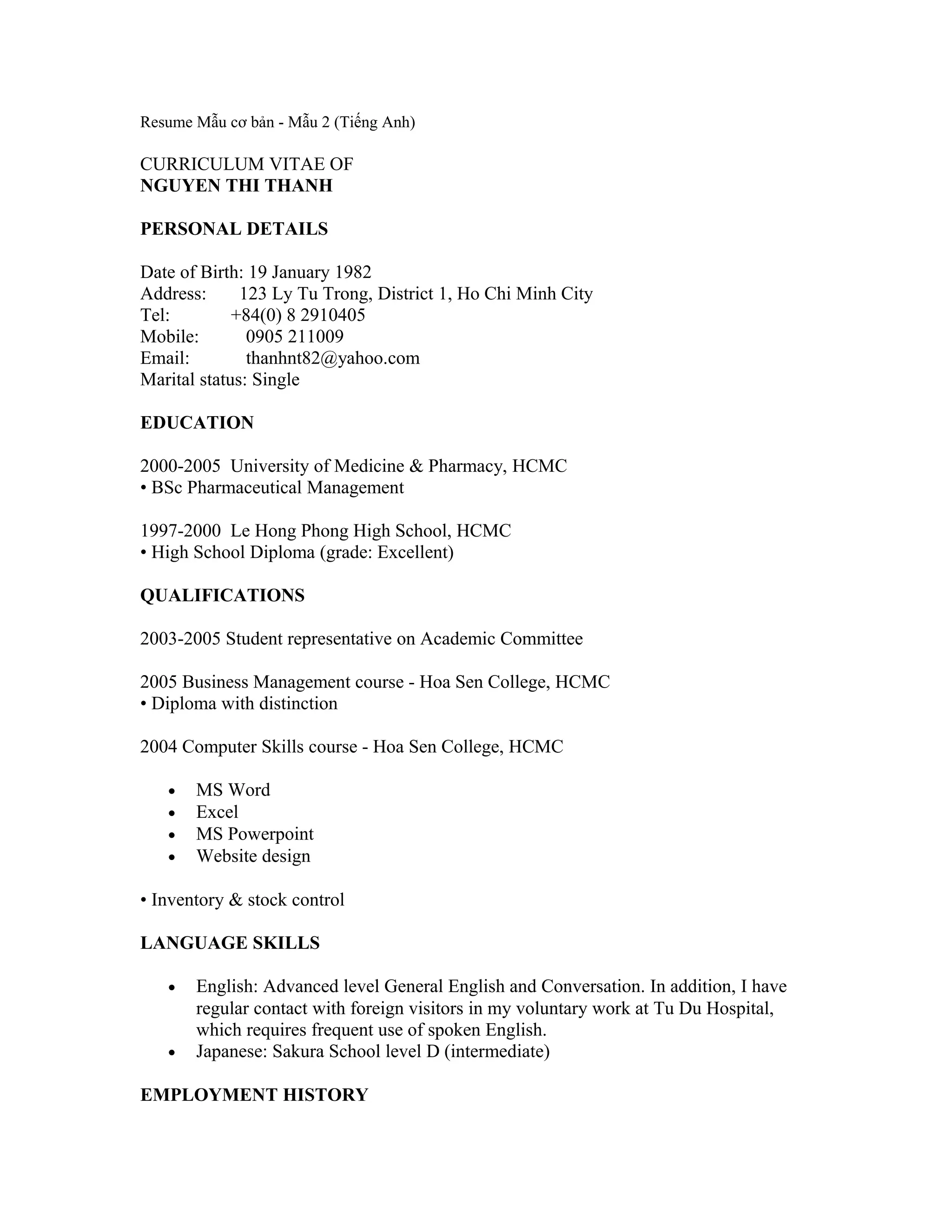 Cv xin-viec-co-ban-tieng-anh | DOC | Medical Health