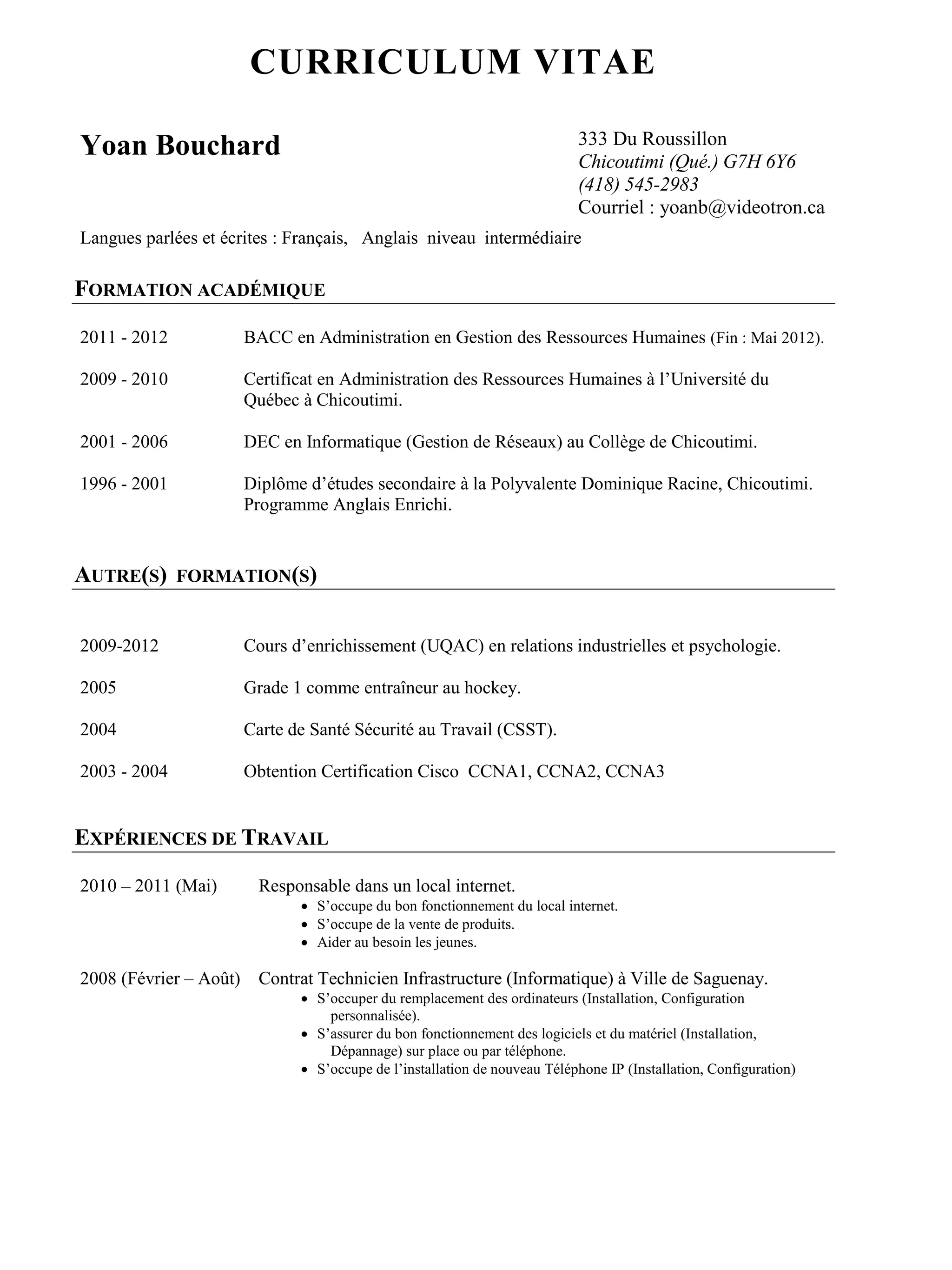 CV Yoan Bouchard | PDF