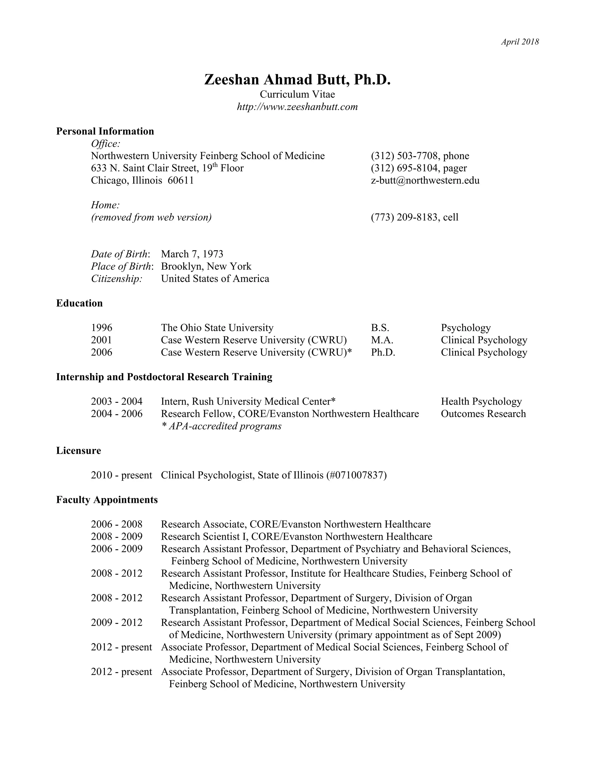 CV - Zeeshan Butt, PhD (April 2018) | PDF