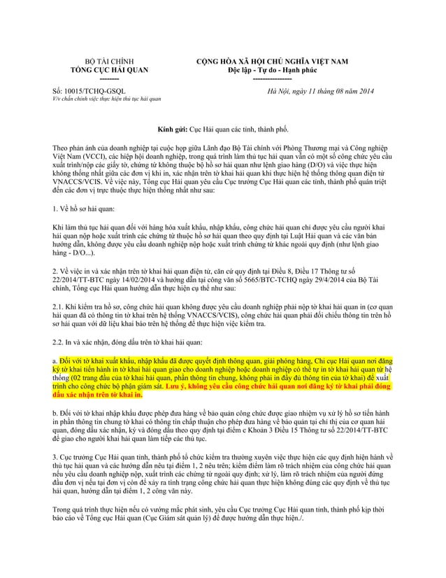 Cv 10015 tchq gsql-thực hiện thủ tục hải quan | PDF