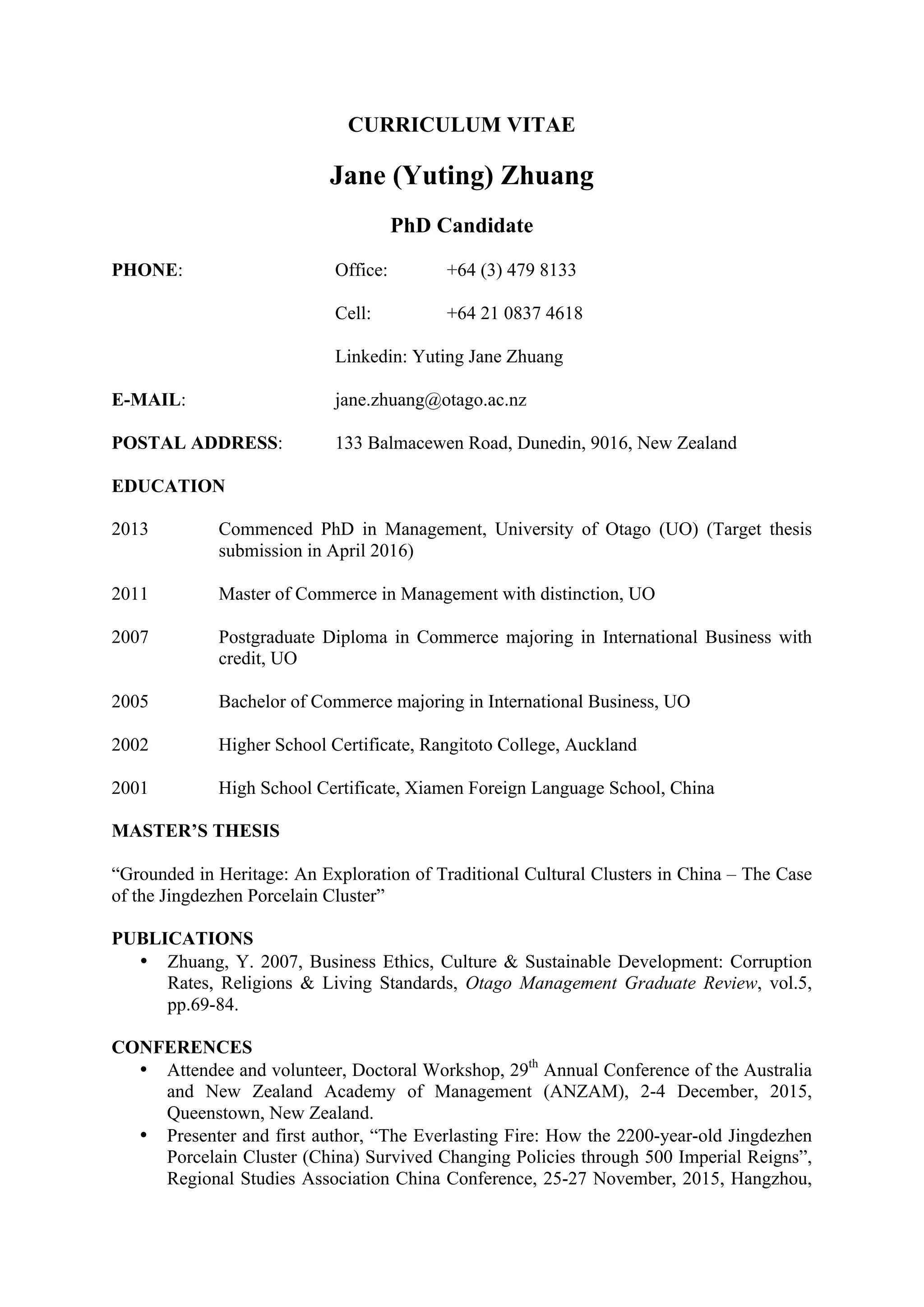 CV 2015 Yuting Jane Zhuang | PDF