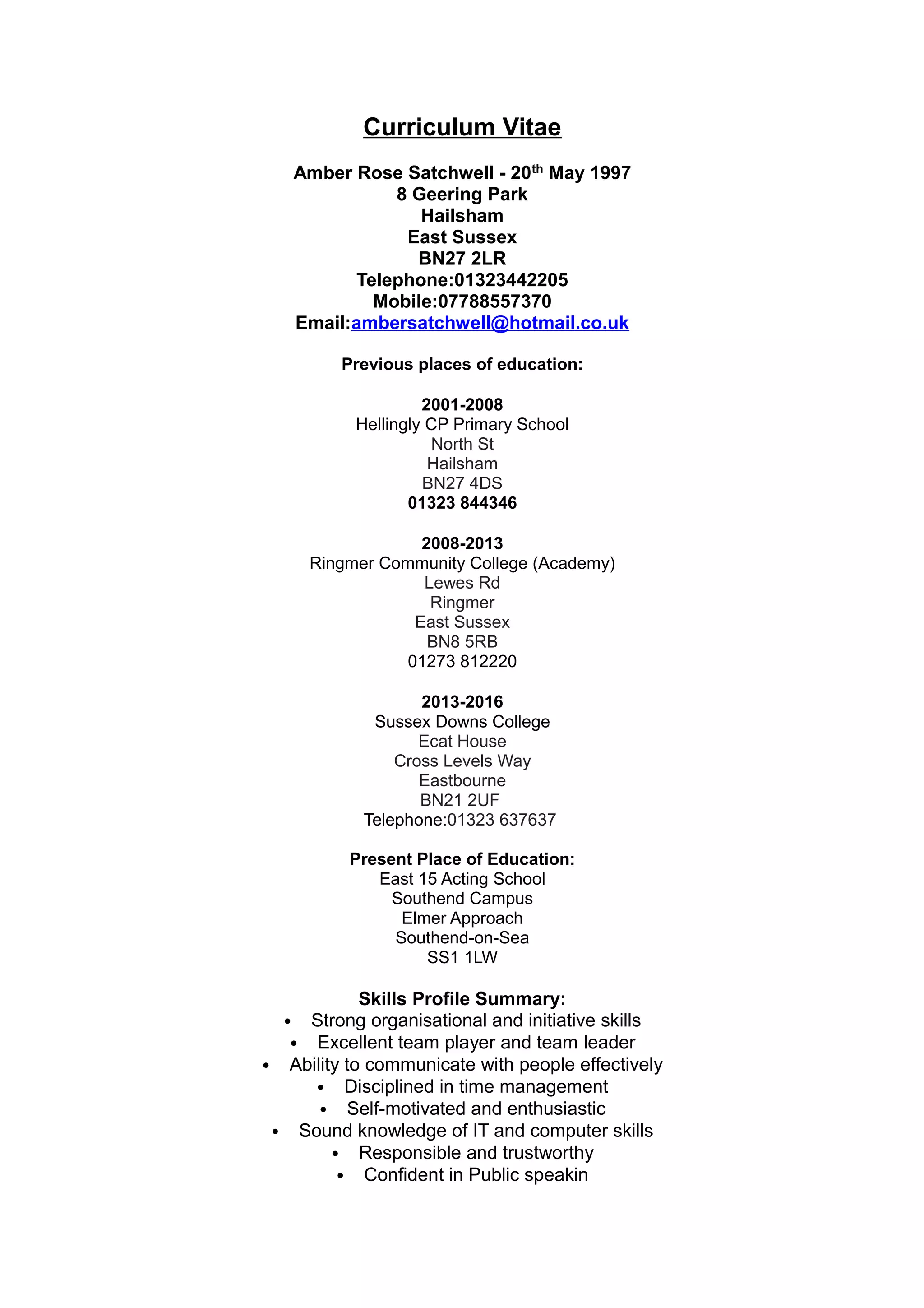 CV 2017 Theatre Actor Singer | ODT