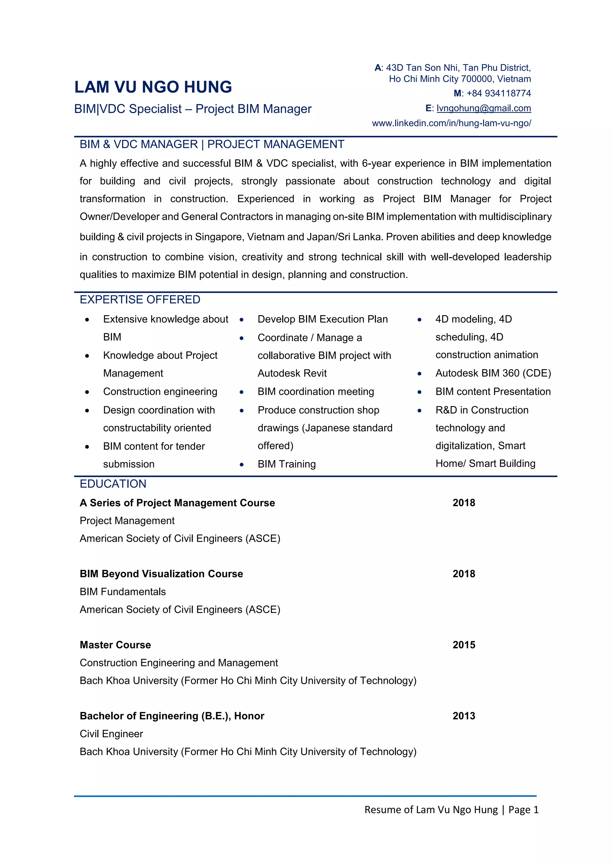 CV 2020 - LAM VU NGO HUNG - BIM|VDC Specialist | PDF