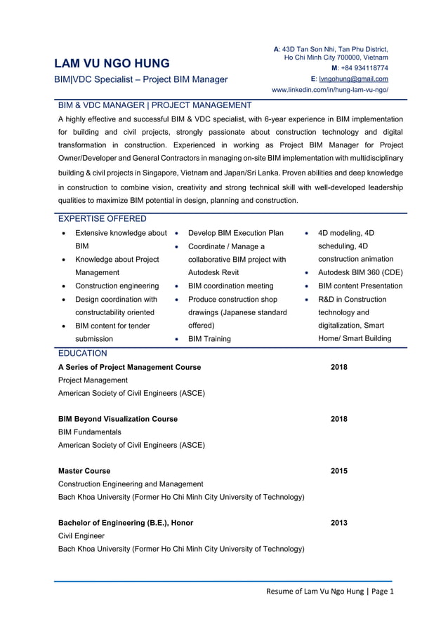 CV 2020 - LAM VU NGO HUNG - BIM|VDC Specialist | PDF