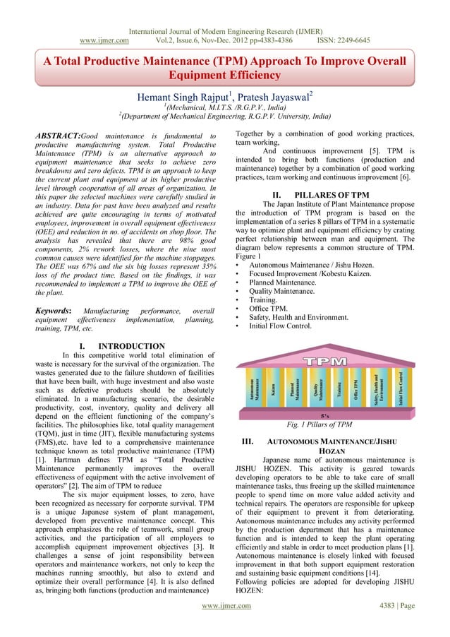 A Total Productive Maintenance (TPM) Approach To Improve Overall Equipment Efficiency | PDF