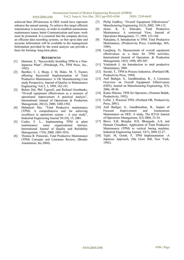A Total Productive Maintenance (TPM) Approach To Improve Overall Equipment Efficiency | PDF