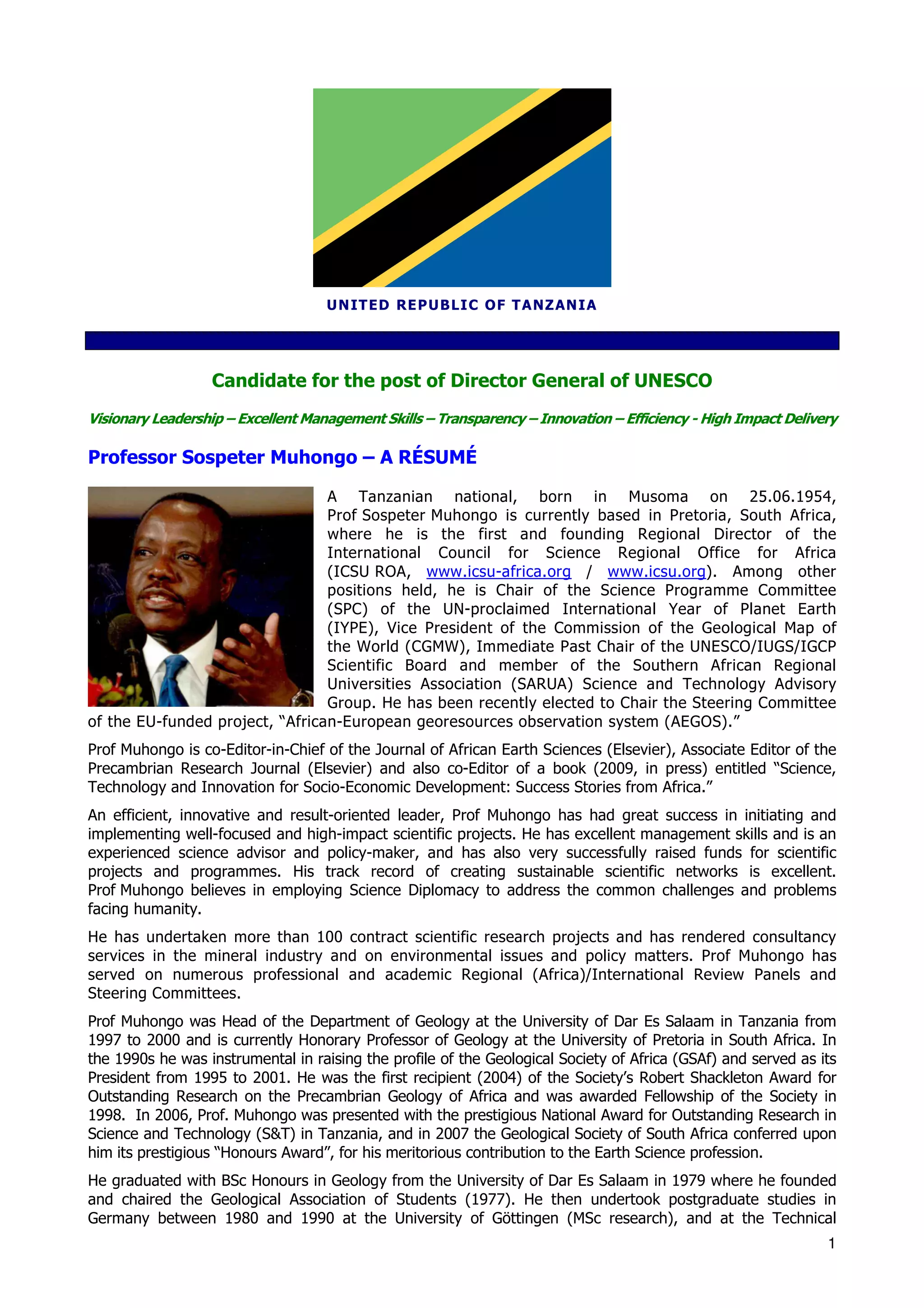 Cv Abridged 07 July 2009 Prof Sospeter M Muhongo Unesco Dg Candidate | PDF