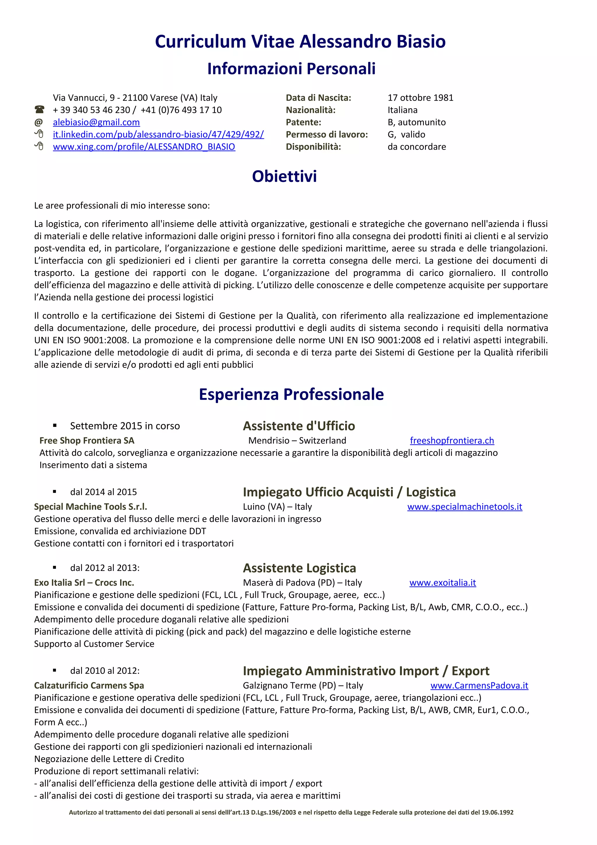 CV Alessandro Biasio | PDF