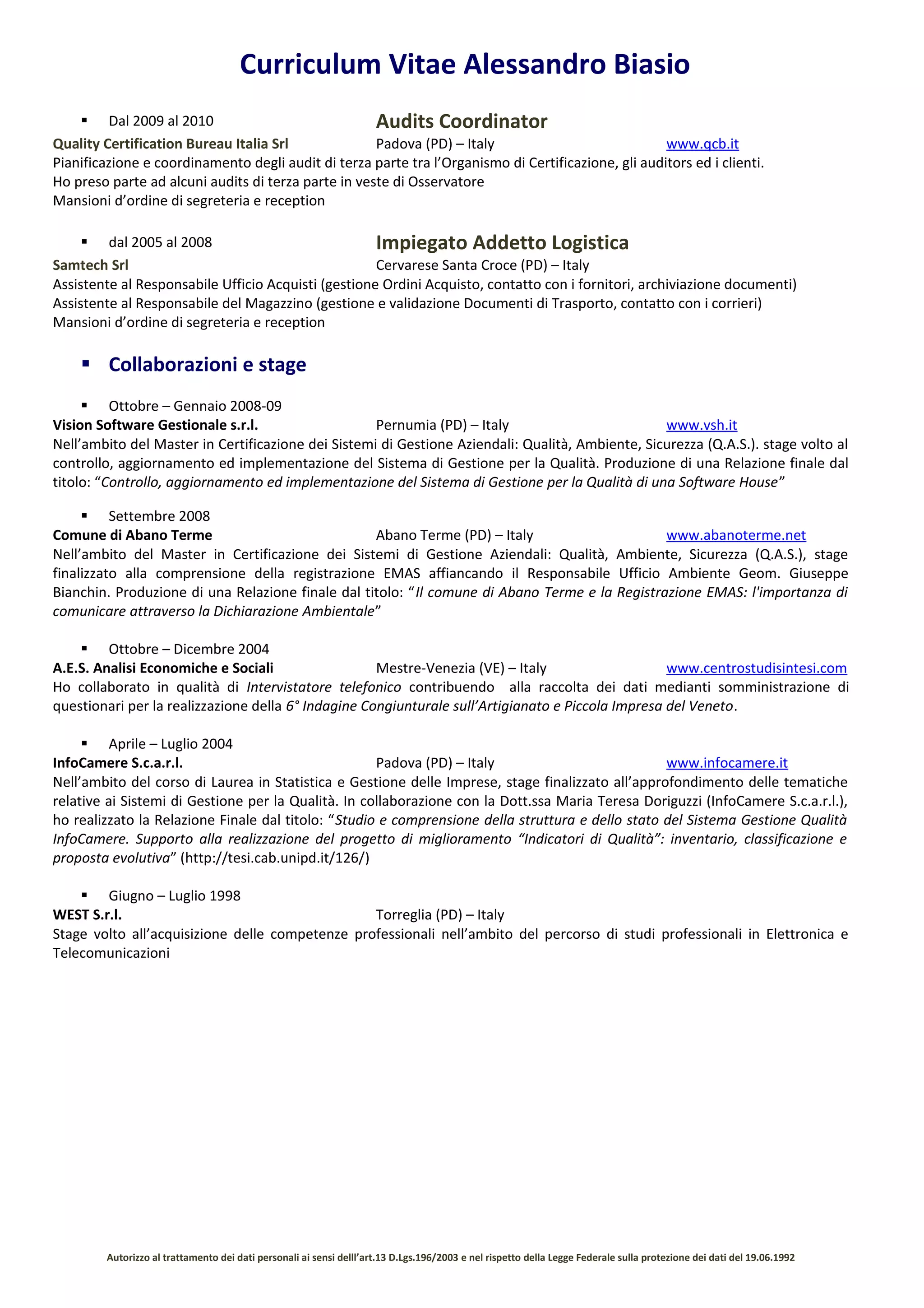CV Alessandro Biasio | PDF