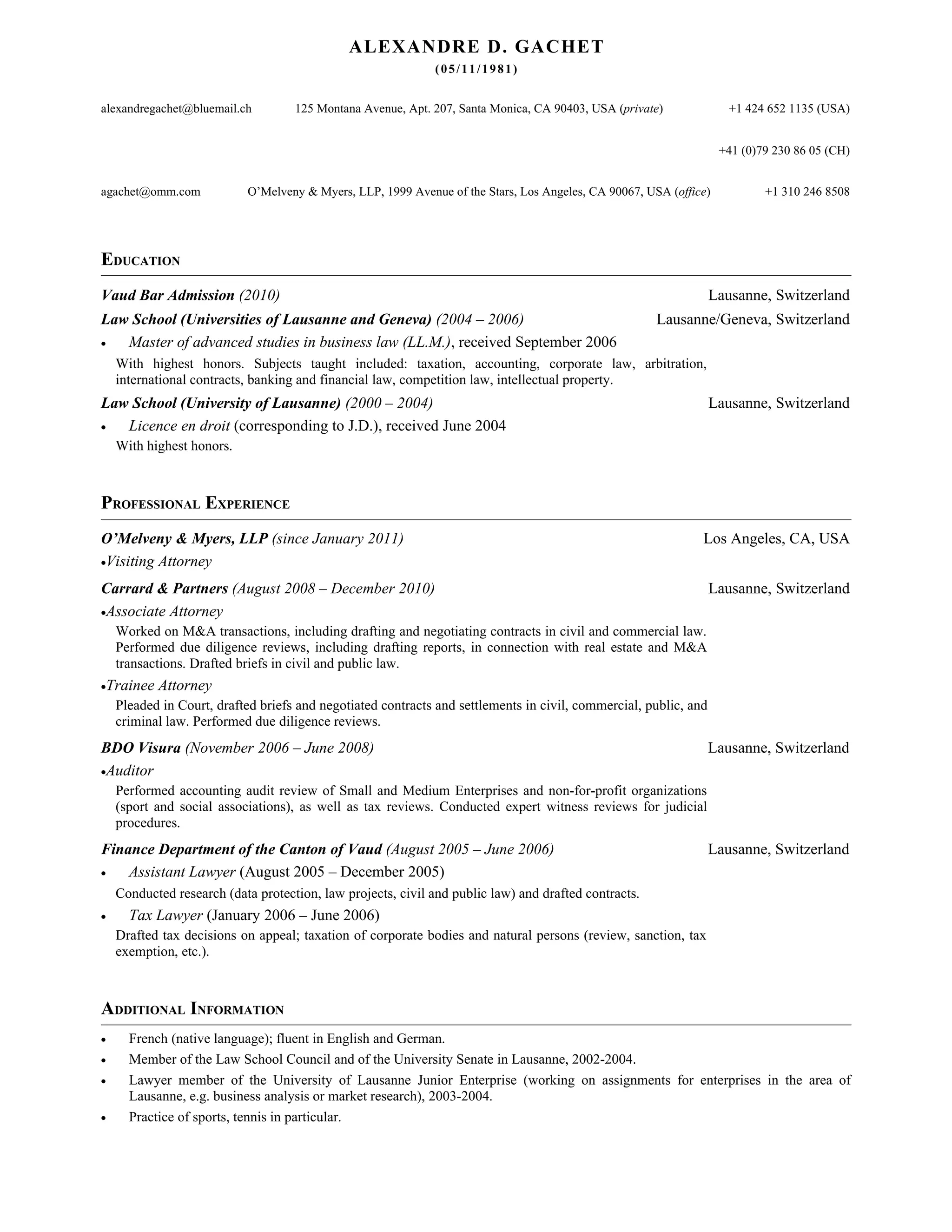 Cv Alexandre Gachet (Us As Of May 2011) | PDF