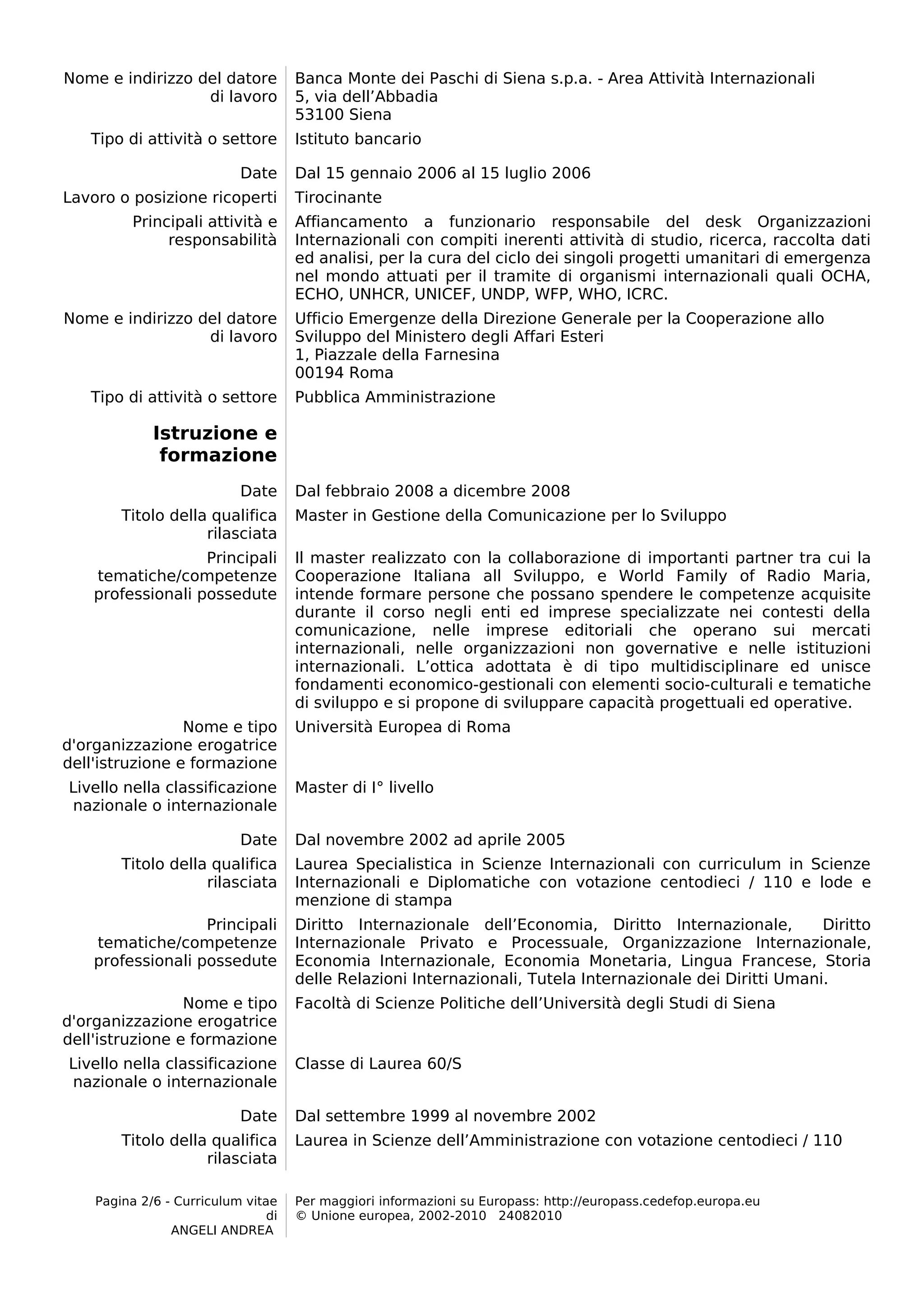 Curriculum Vitae Andrea Angeli | PDF