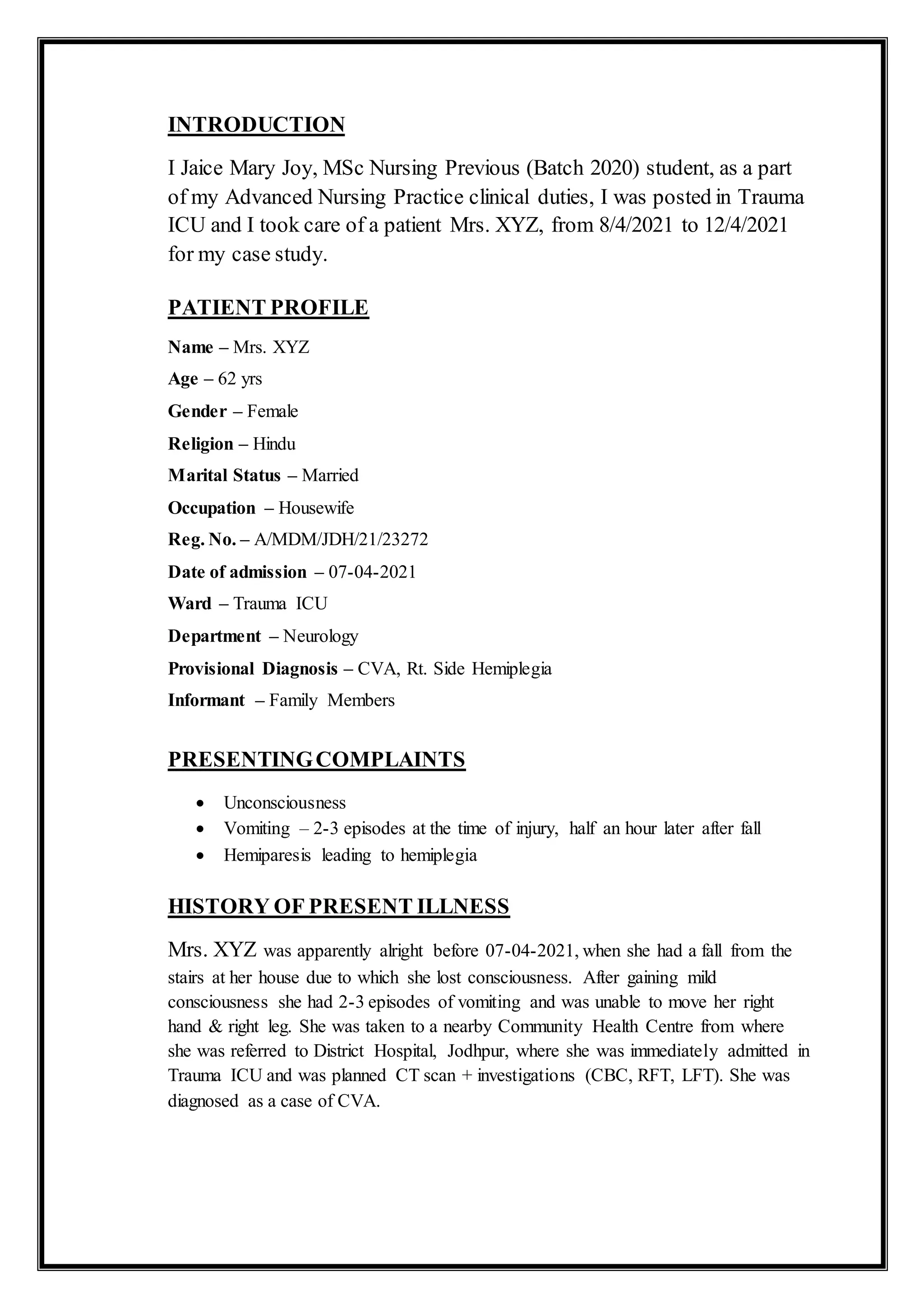 Case Study on Cerebro Vascular Accident (CVA) | DOCX