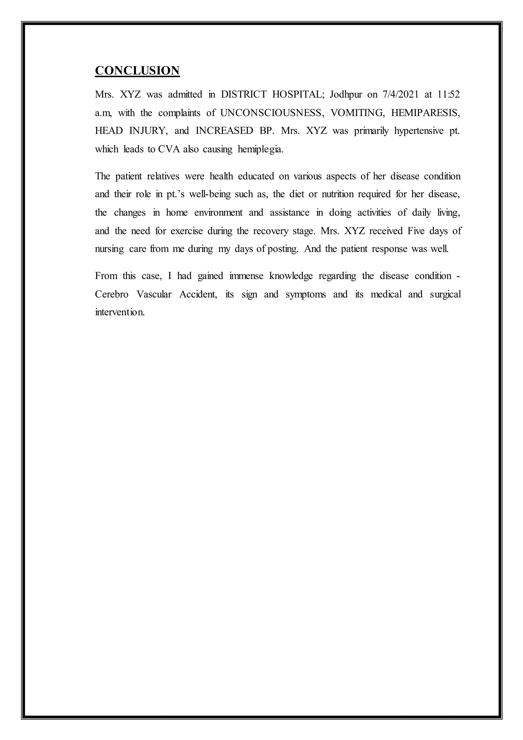 Case Study on Cerebro Vascular Accident (CVA) | DOCX