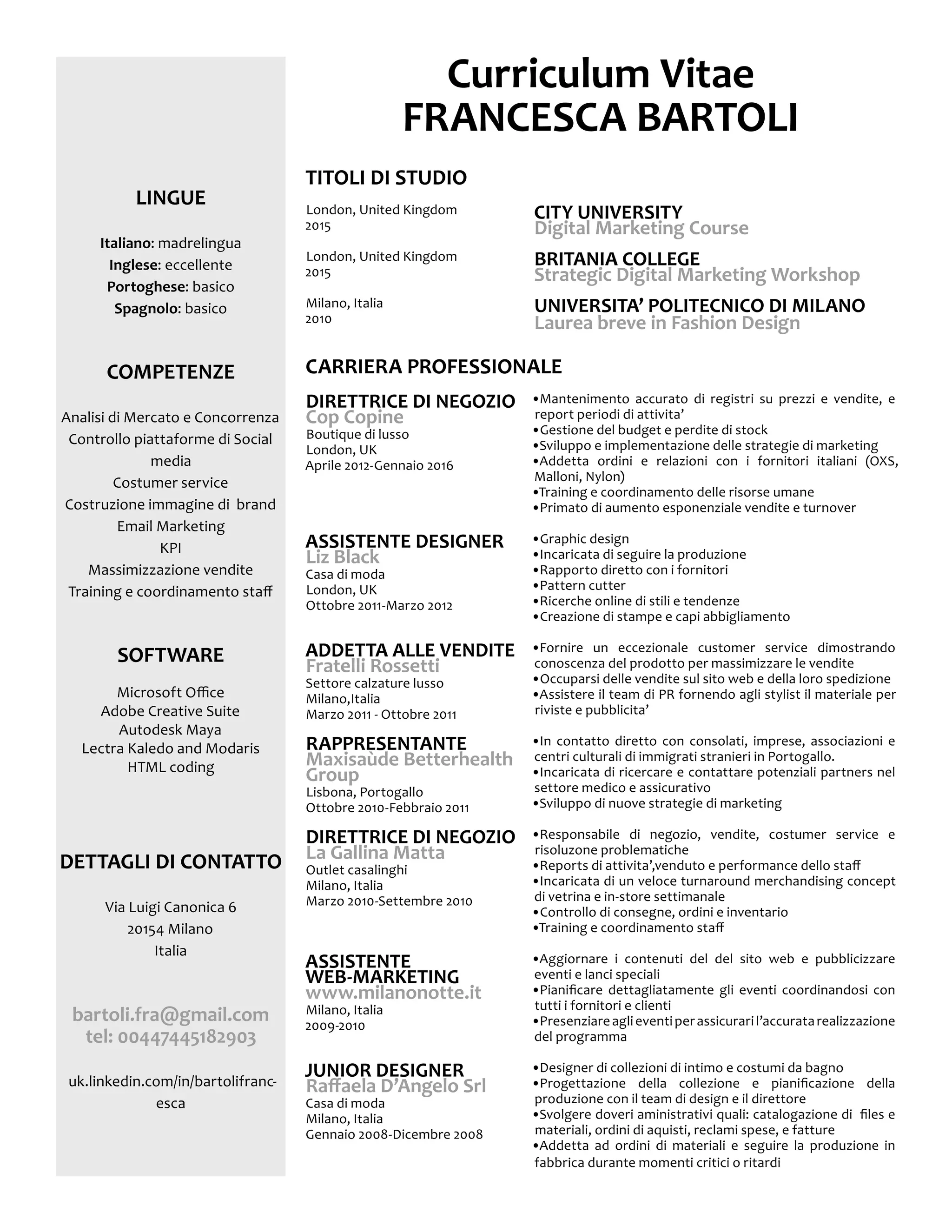 CV BARTOLI FRANCESCA | PDF | Business | Business and Finance