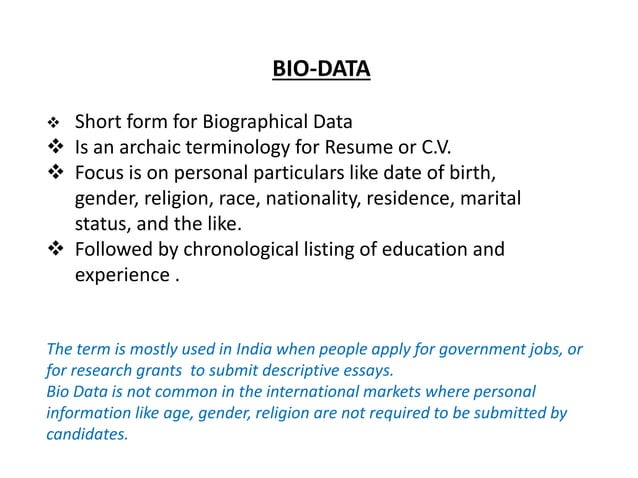 Cv, biodata, resume | PPTX