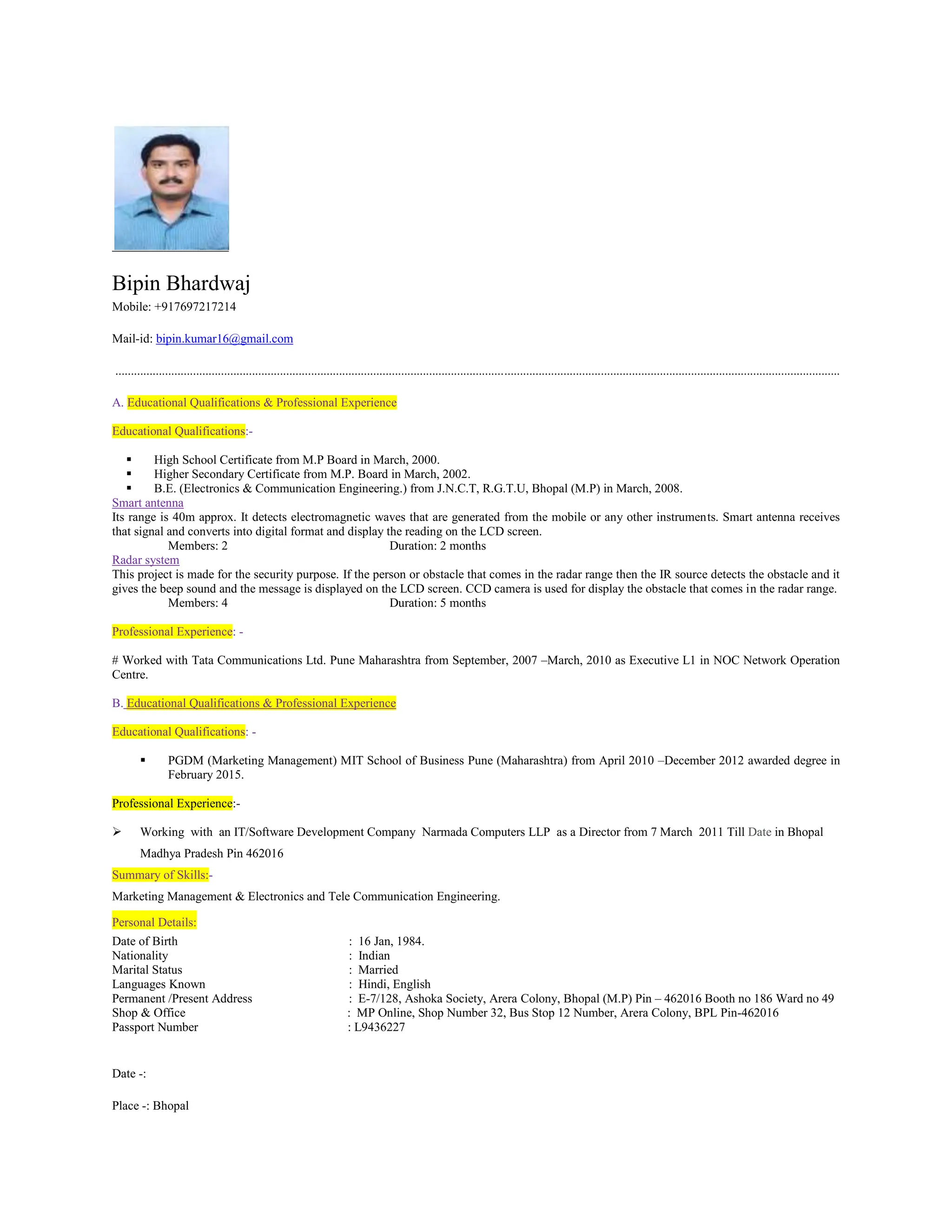 CV_Bipin Bhardwaj.docx_Narmada Computers LLP | DOCX | Business | Business and Finance