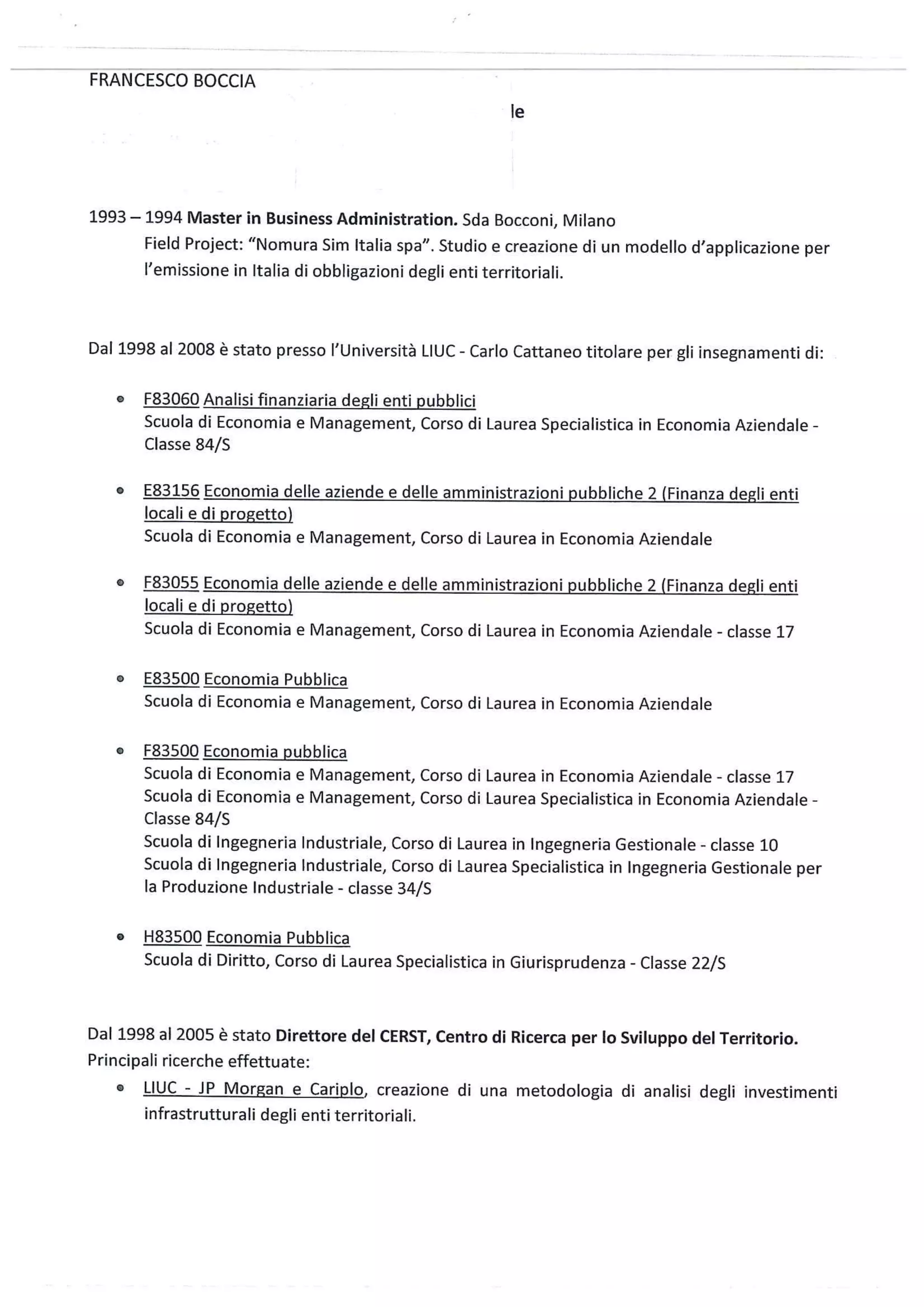 Boccia, il curriculum per il concorso | PDF