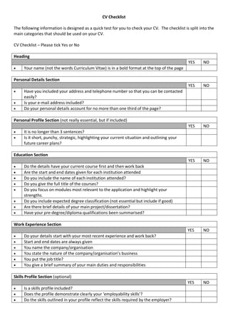 Checklist for Good CV | PDF | Resume Writing and Advice | Job Search
