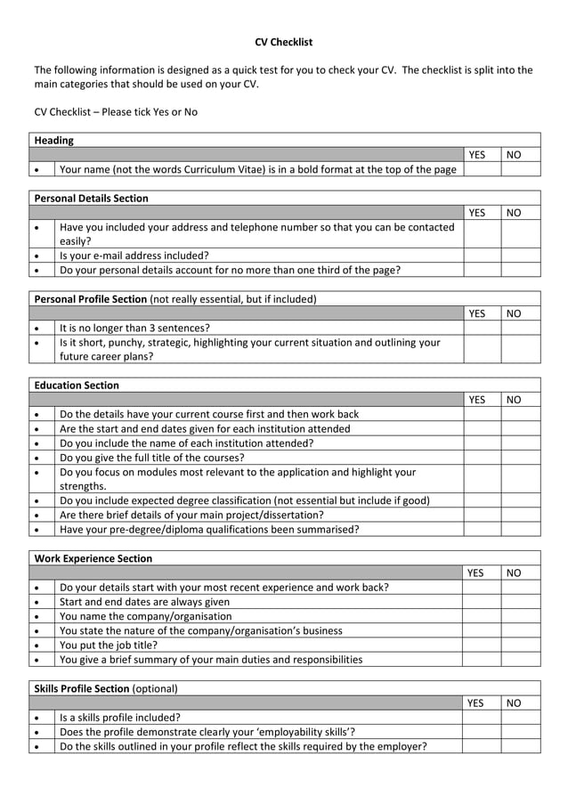 Checklist for Good CV | PDF