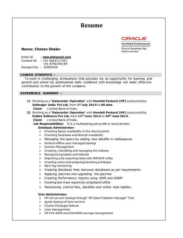 Cv chetan 2015_dba | DOCX | Databases | Computer Software and Applications