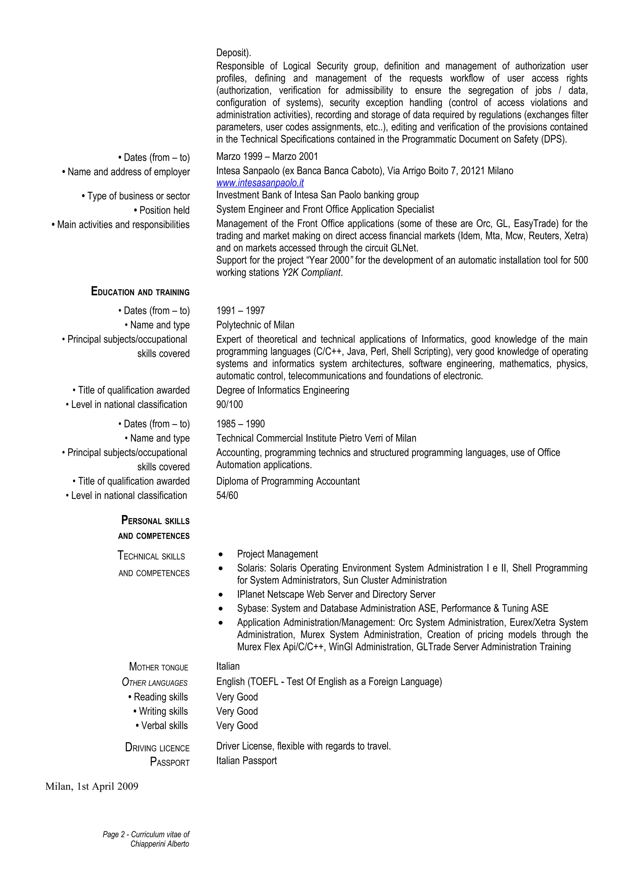 Cv Chiapperini Eng | DOC | Programming Languages | Computing