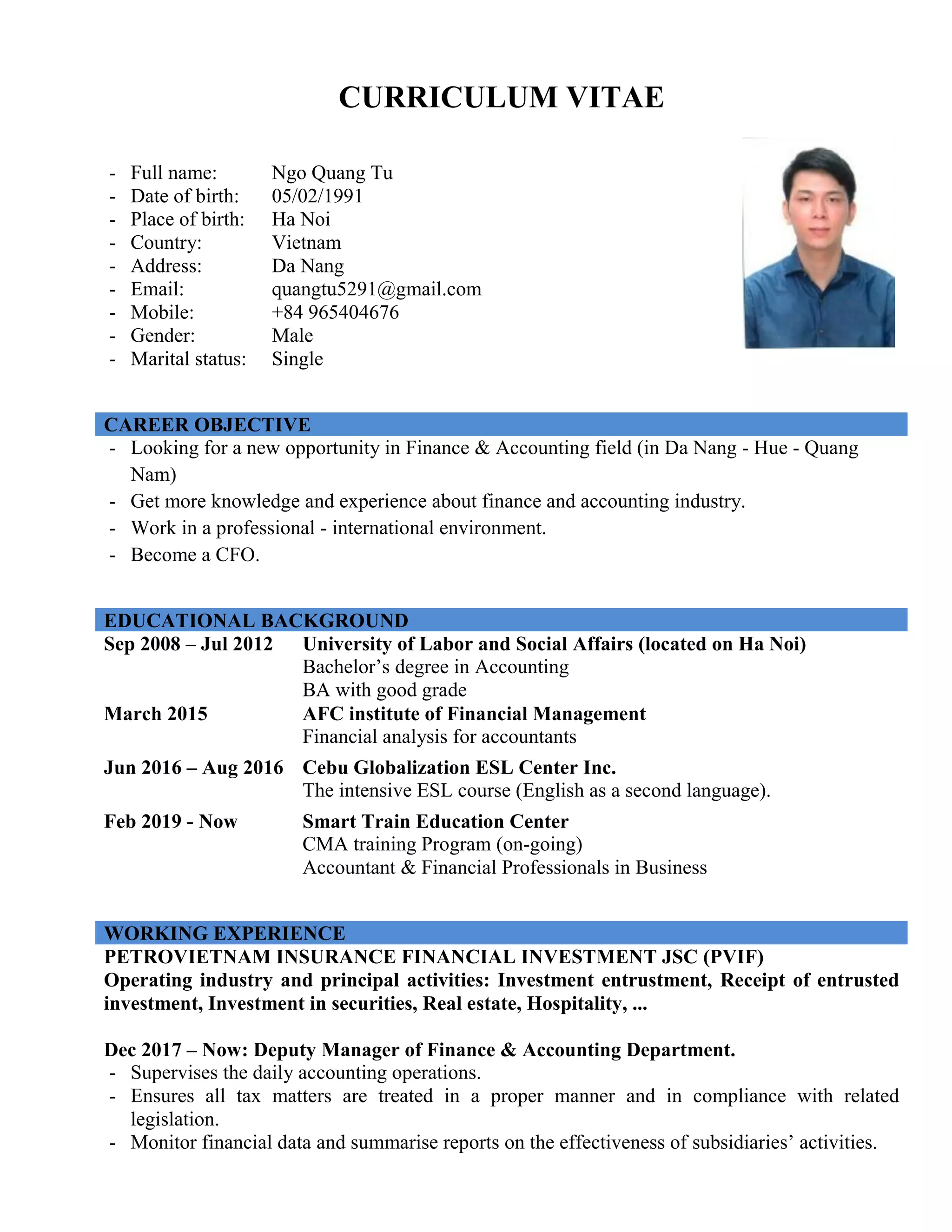 Cv Chief Accountant Ngo Quang Tu | PDF