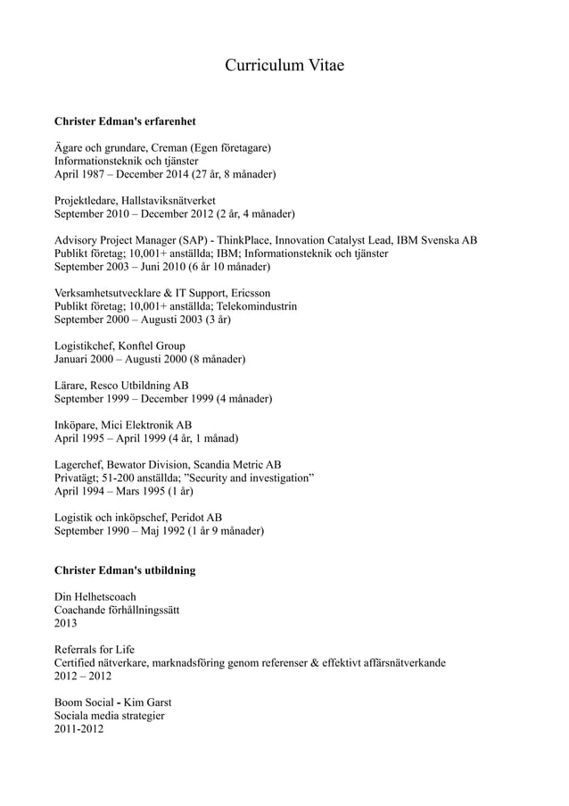 CV Christer Edman Swedish | PDF