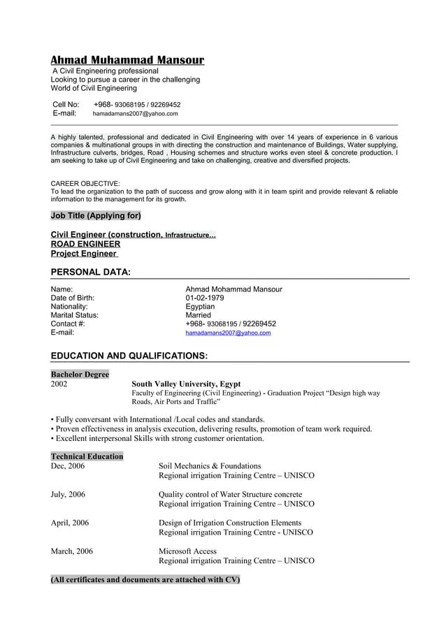 Cv civil engineer ahmed mansour | PDF