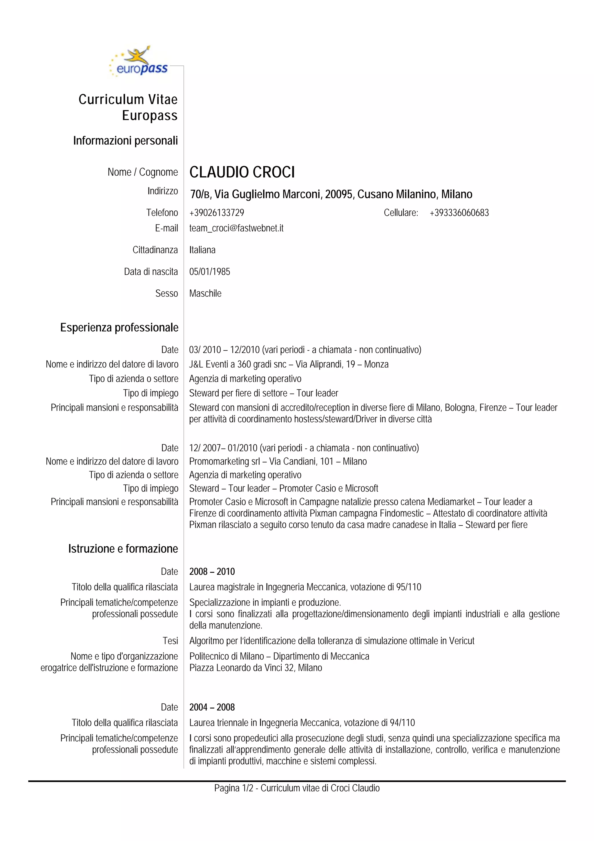 Cv Claudio Croci | PDF