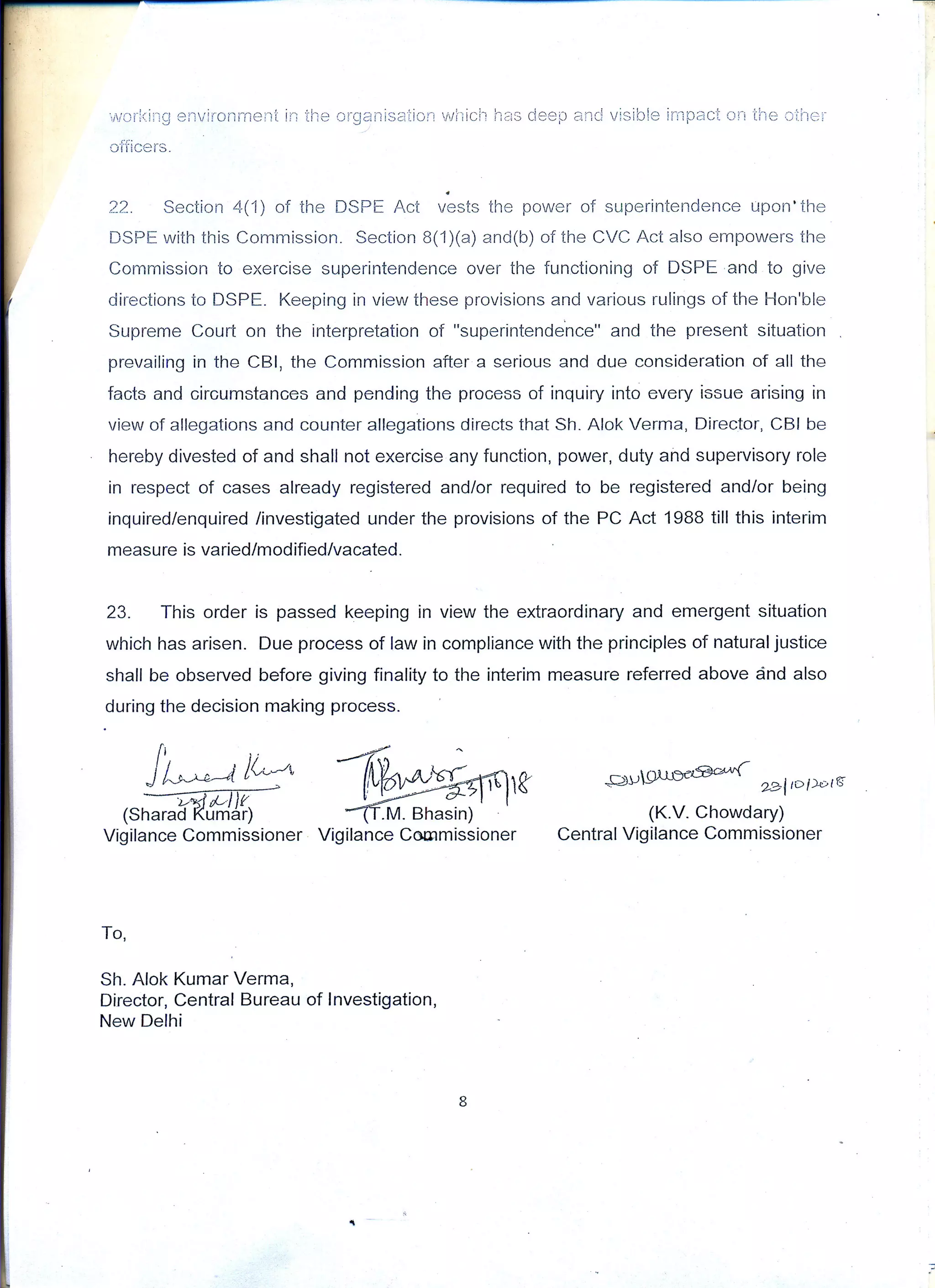 CVC order on CBI Director Alok Verma | PDF