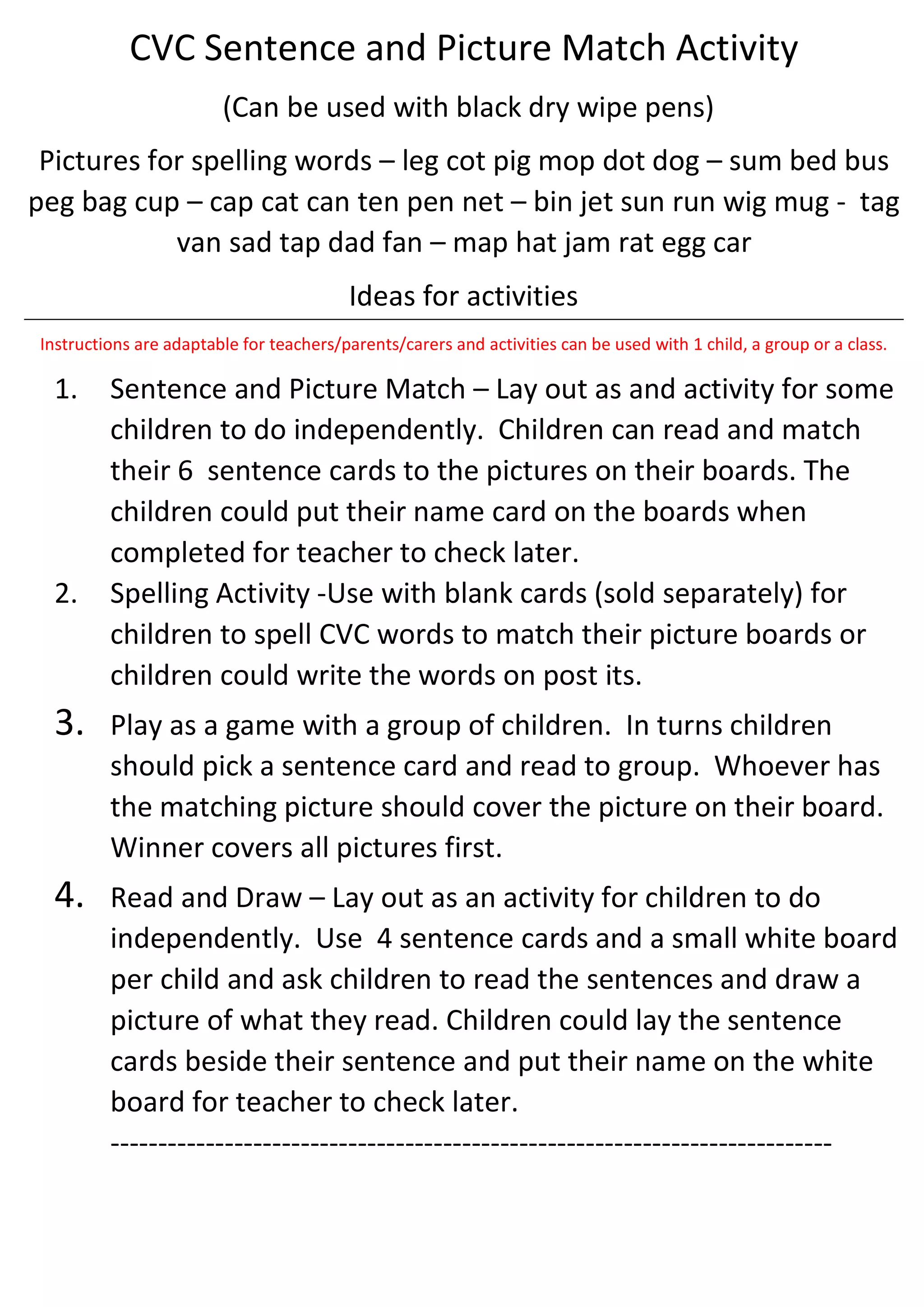 Cvc sentence and picture match activity | PDF