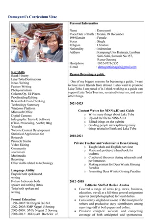 CV DAMAYANTI SINAGA, PEMANDU WISATA DAN PENULIS WISATA DI SAMOSIR | DOCX