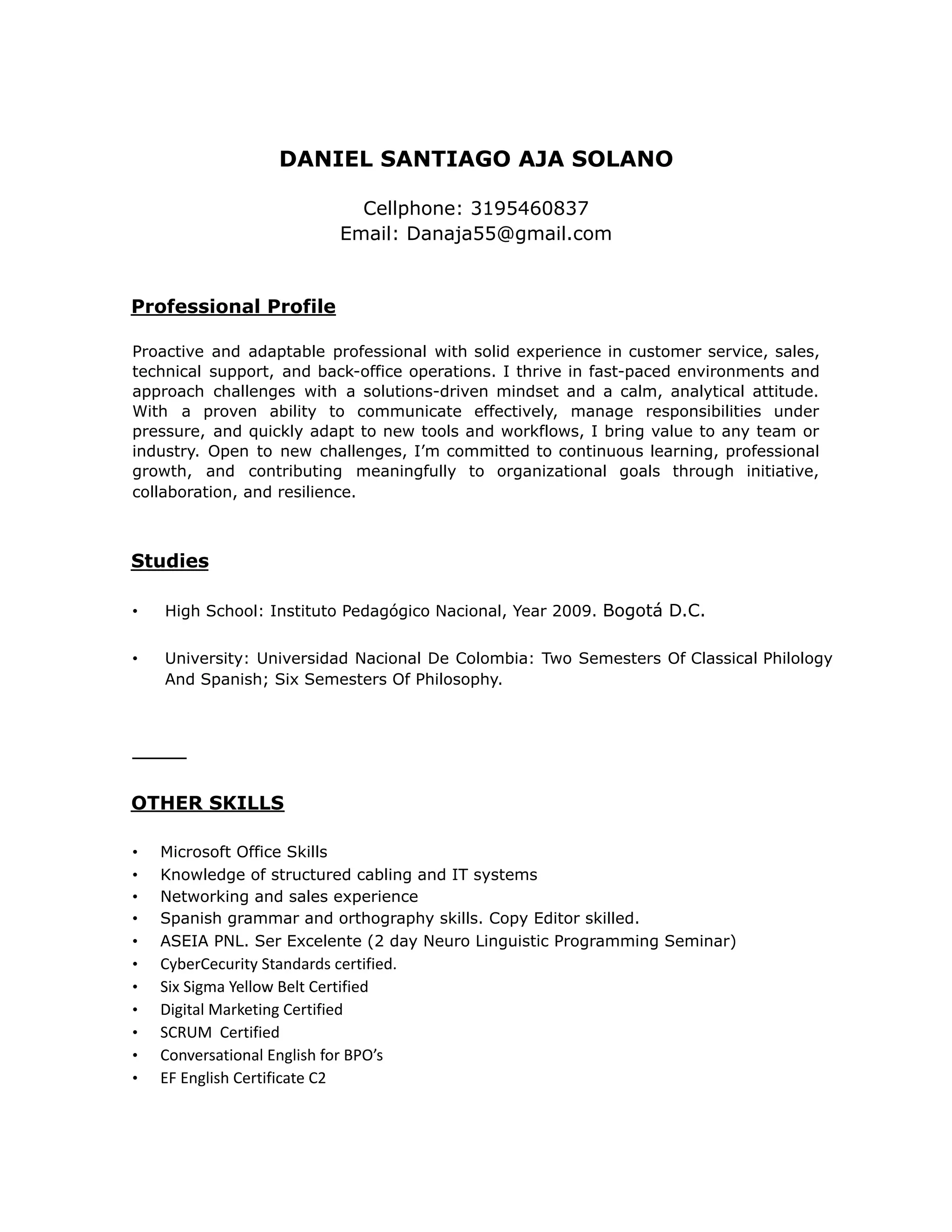 Curriculum Vitae of Daniel Santiago Aja Solano | PDF