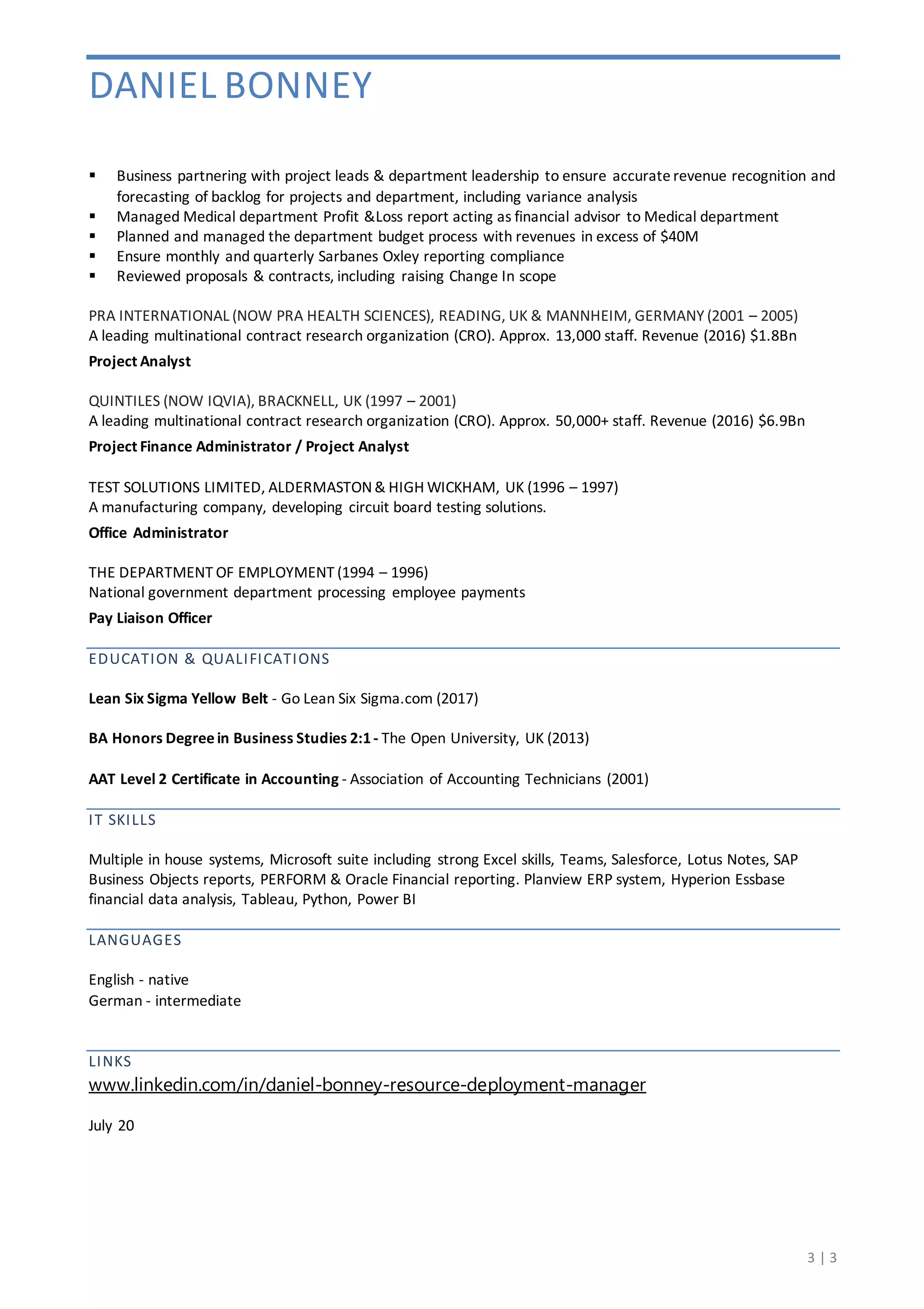 Daniel Bonney CV | DOCX | Business Accounting & Finance | Business