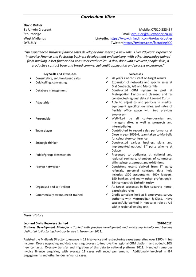 David's CV | PDF | Sales | Business