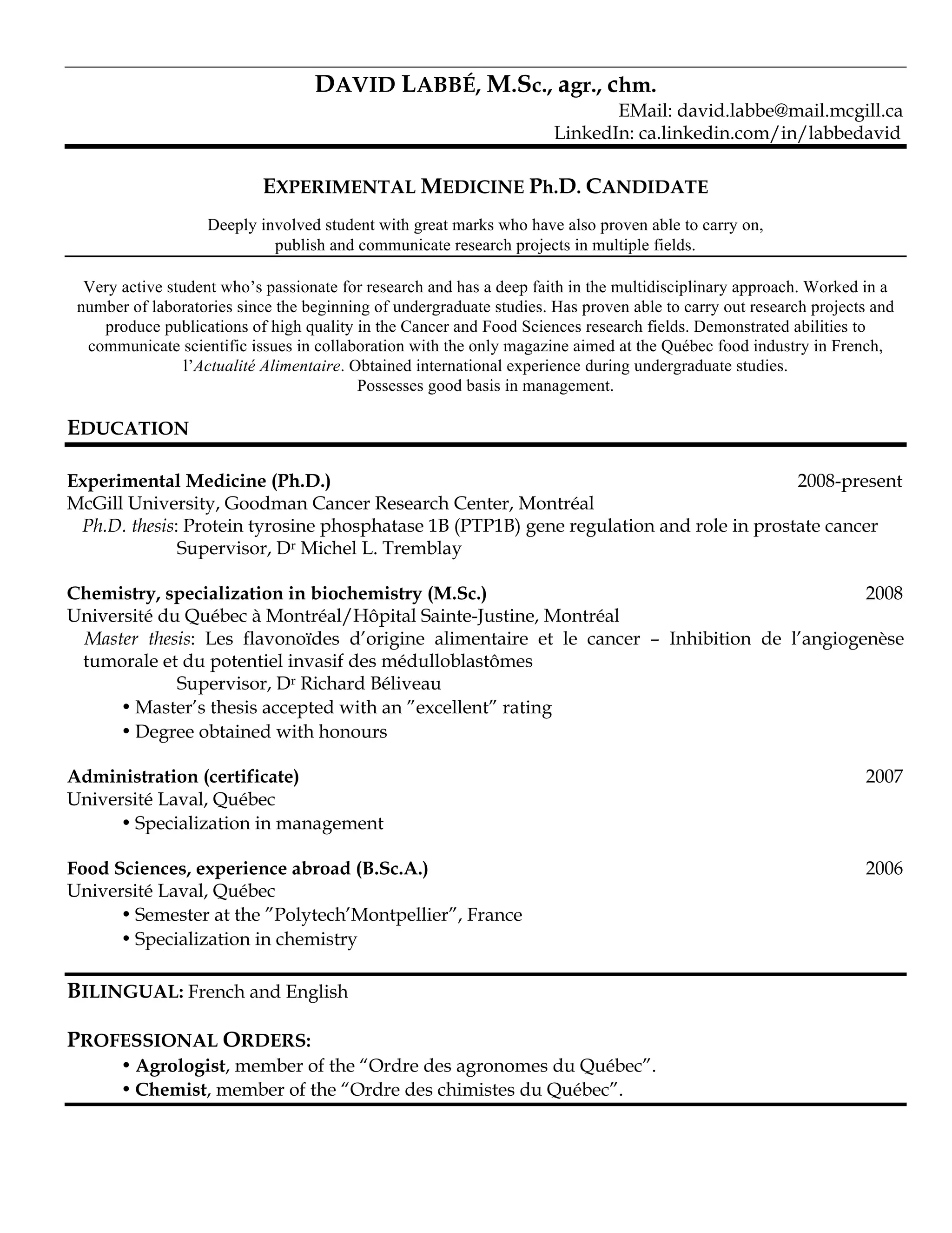C.V. David Labbé, M.Sc., agr., chm. | PDF