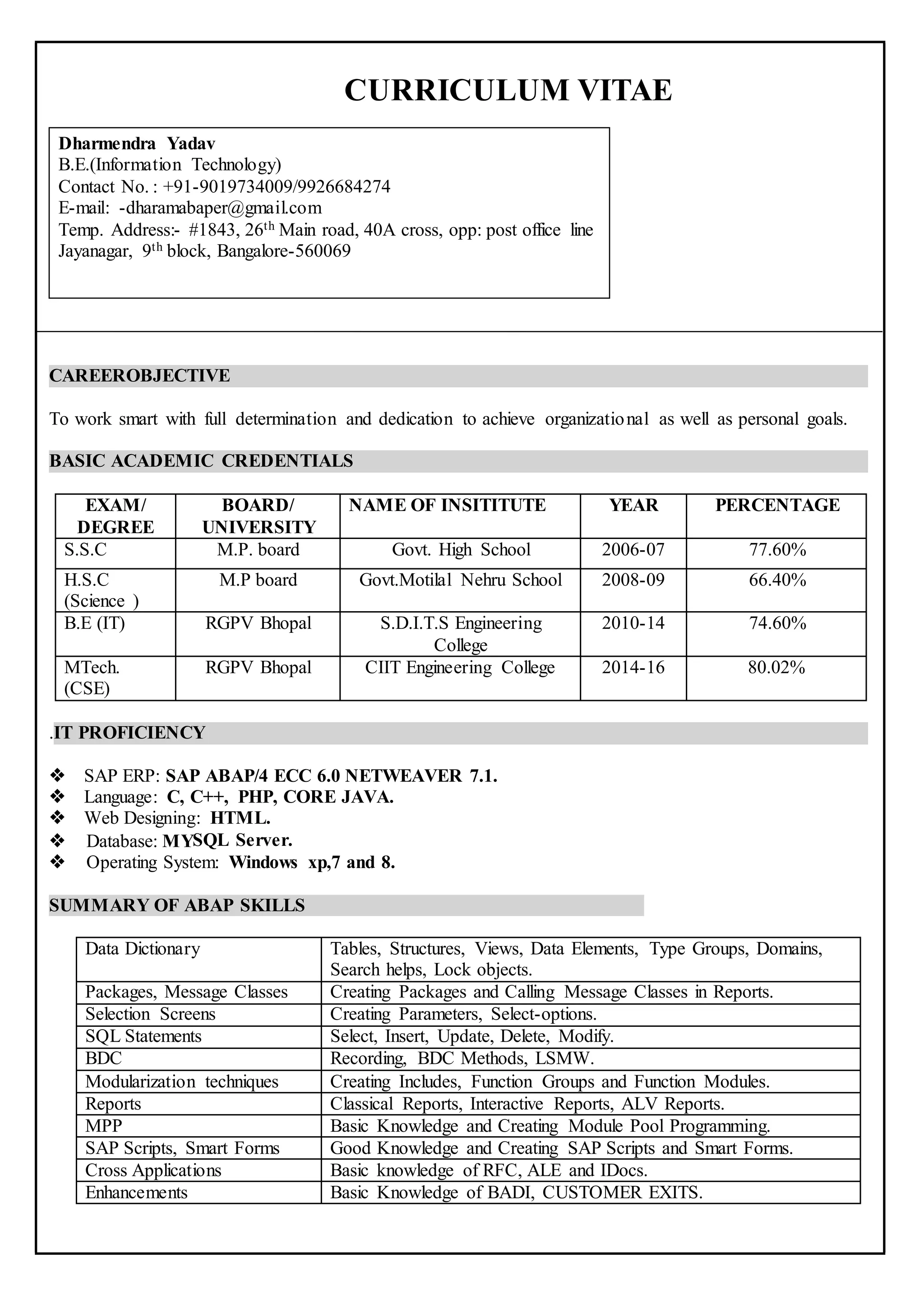 Cv dharmendra yadav | DOCX
