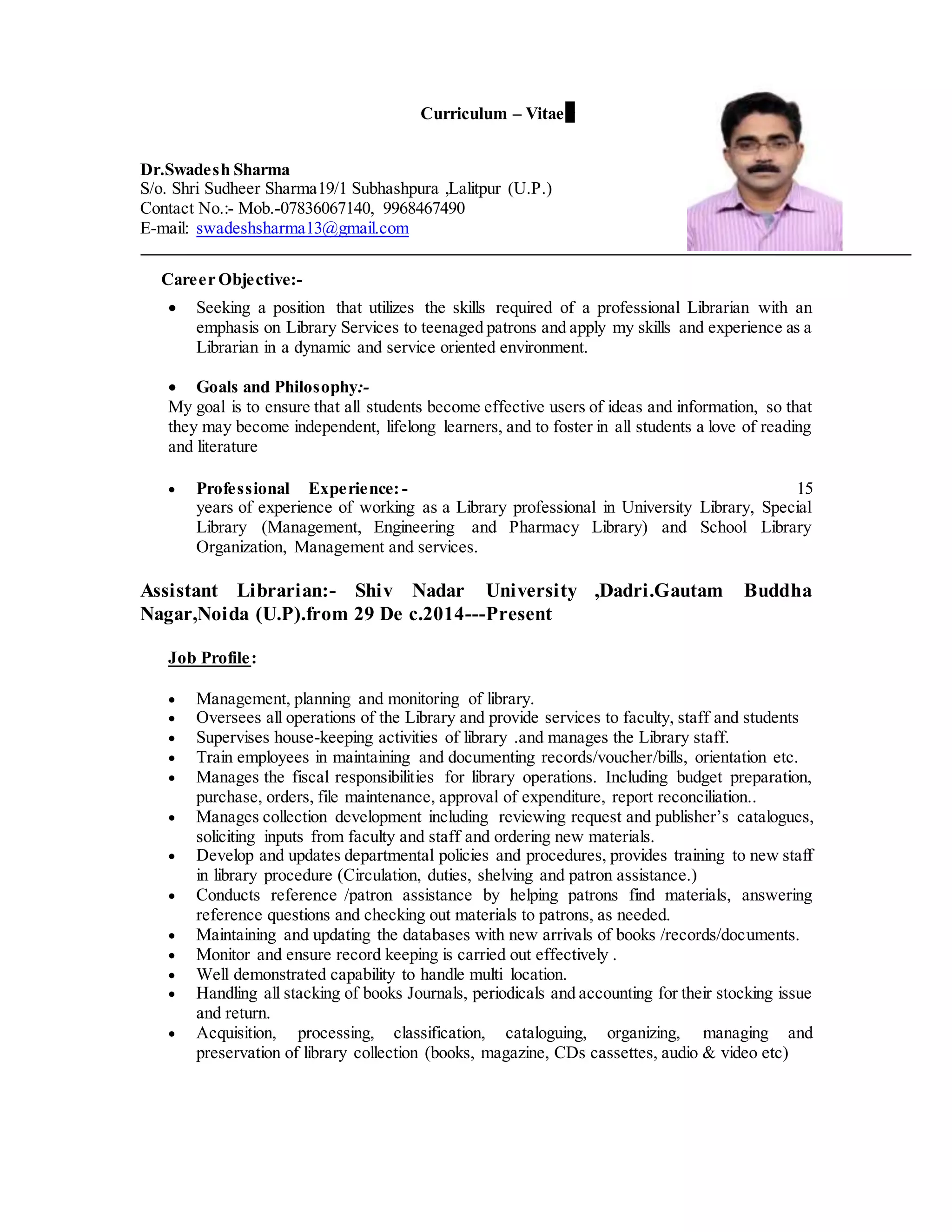 Cv Dr.swadesh sharma ,latest | DOCX